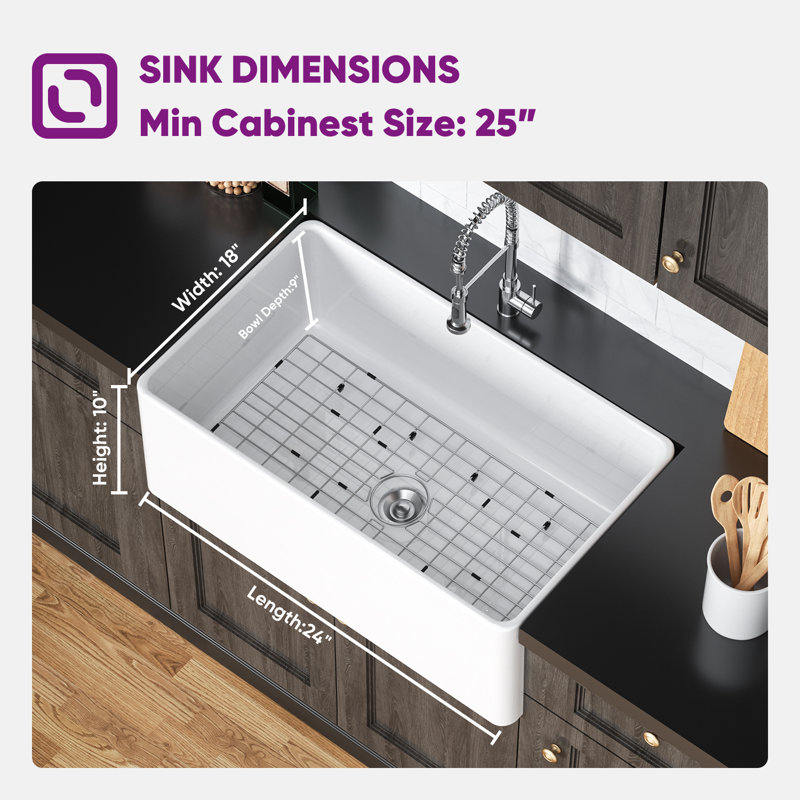 MOHOME 24" L x 18" W Fireclay Farmhouse Kitchen Sink with Sink Grid and ...