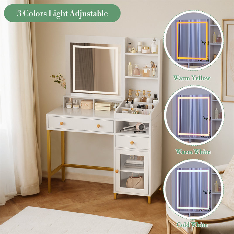 Mercer41 Modern White Dressing Table With Led Large Mirror | Wayfair