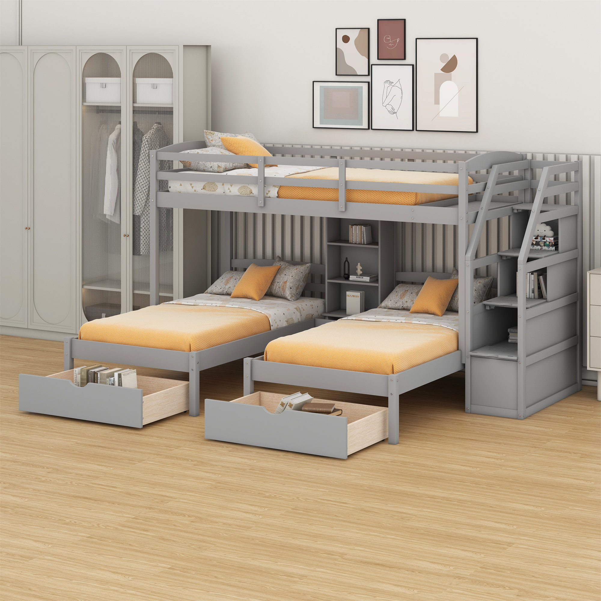 Latitude Run® Triple Bunk Bed With Drawers, Staircase With Storage ...