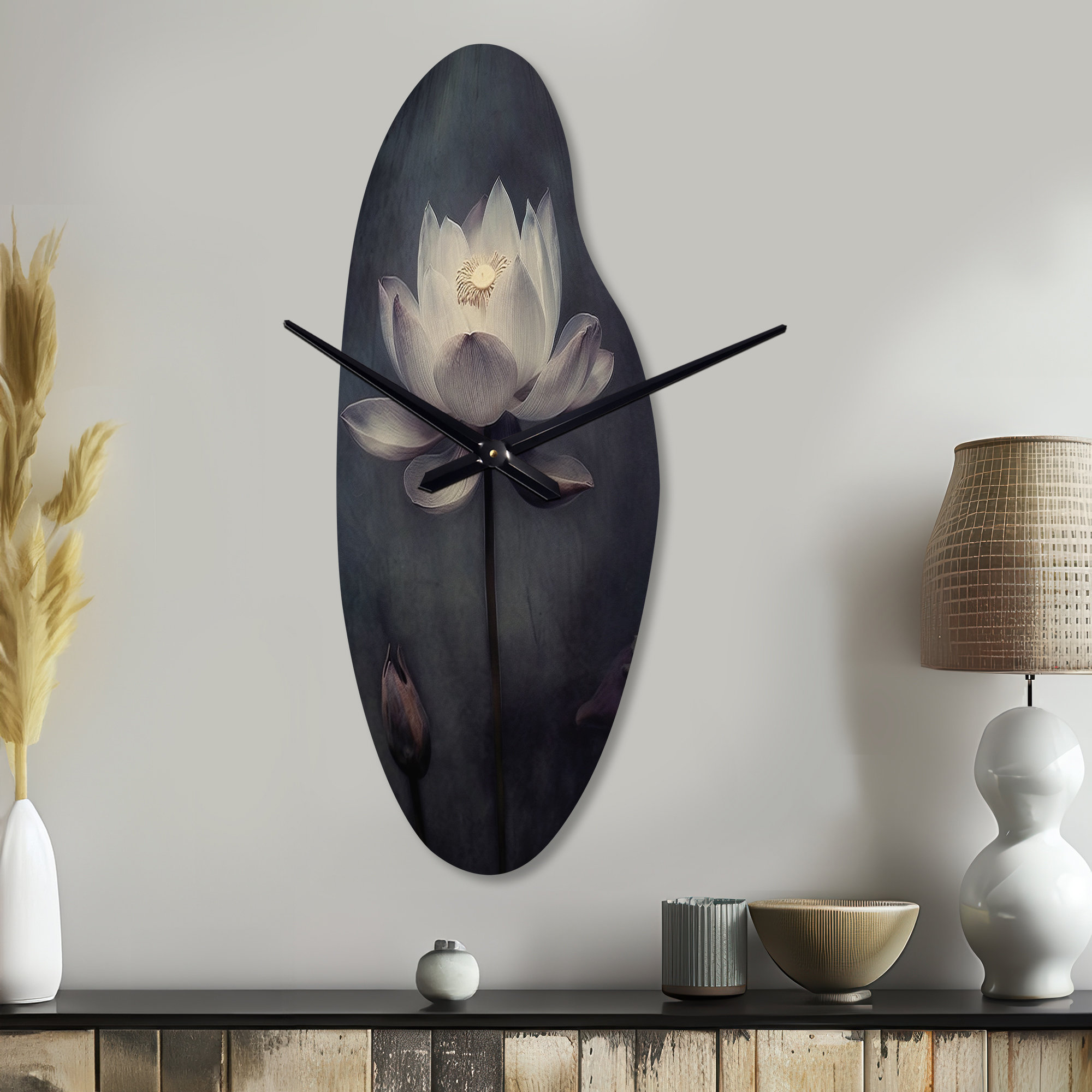 Design Art Grey Monochrome Lotus Symphony III - Curved Shape Grey Wall Clock - Unique Shape ...