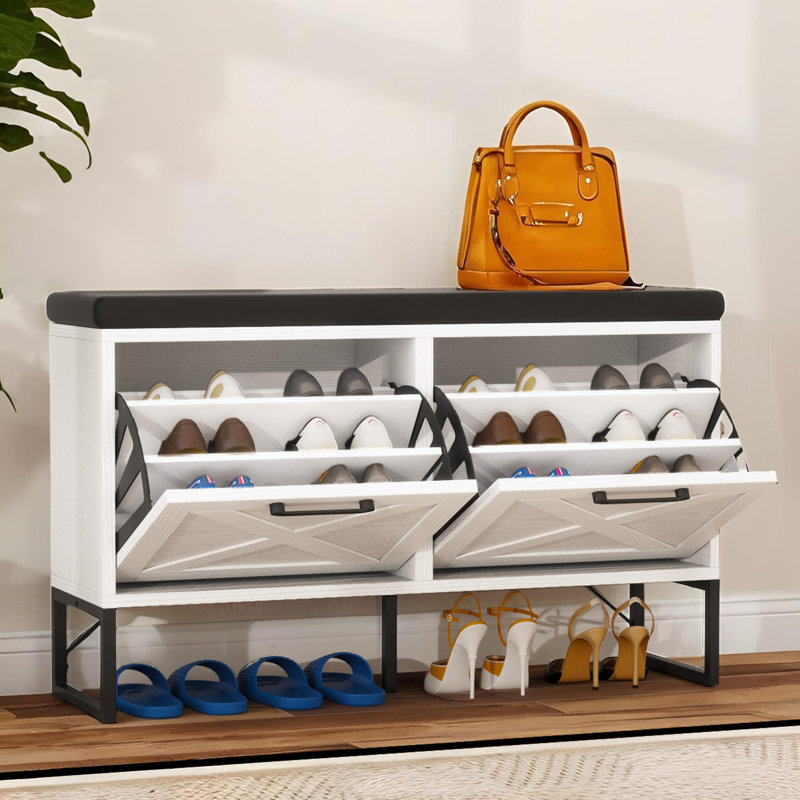 Gracie Oaks Farmhouse Shoe Storage Bench with Padded Seat and Double ...