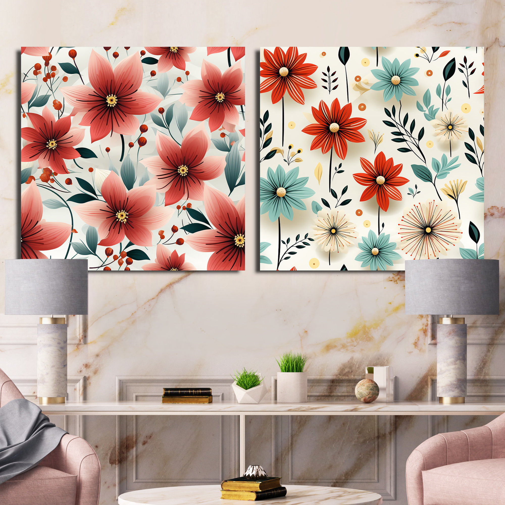 Design Art Red Coastal Harmony Floral Pattern - Floral Square Collage ...