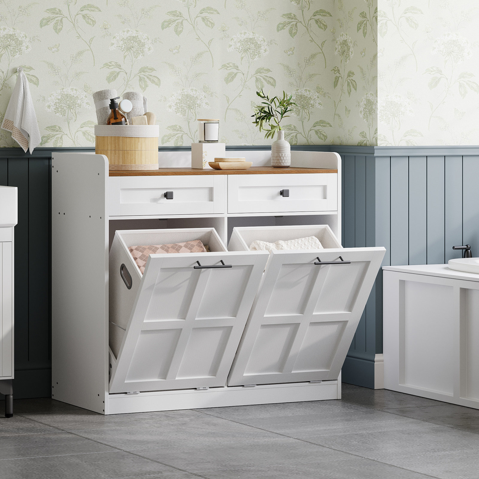 August Grove Tilt-Out Laundry Hamper Cabinet With 2 Drawers And 2 ...