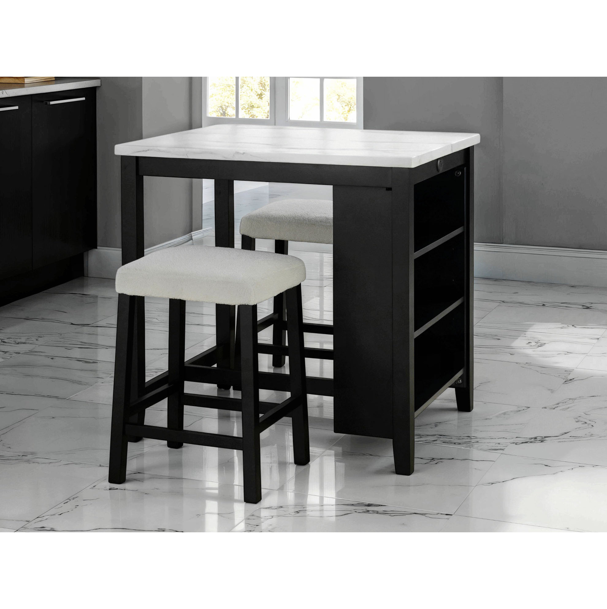 Latitude Run® Black Dining Table Storage Side Shelves 2X Stools High ...