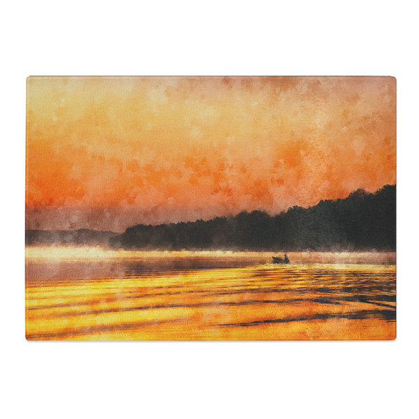 East Urban Home Tempered Glass Boat Under an Orange Sunset Chopping ...