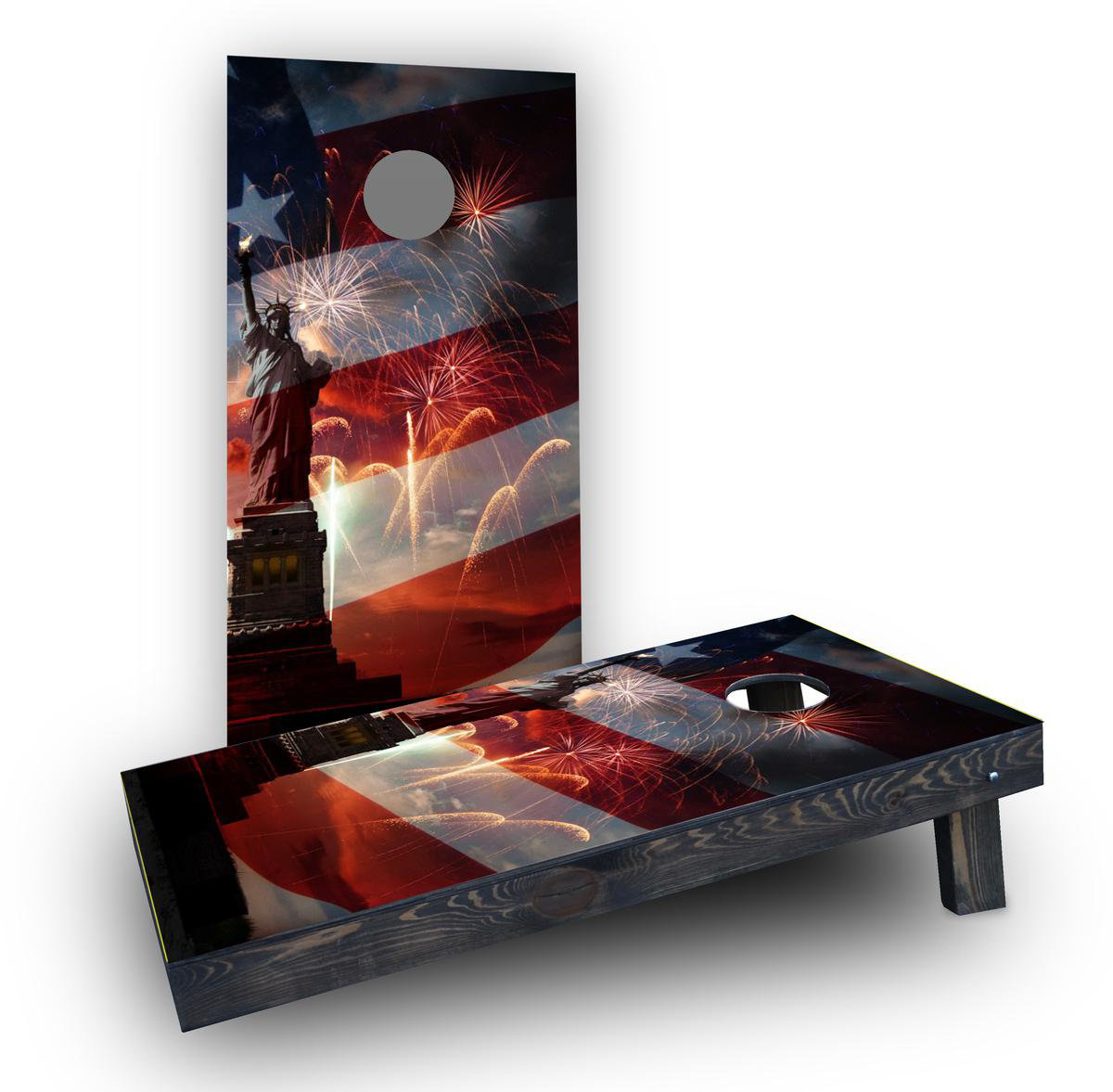 Custom Cornhole Boards Patriotic Statue of Liberty with Fireworks ...