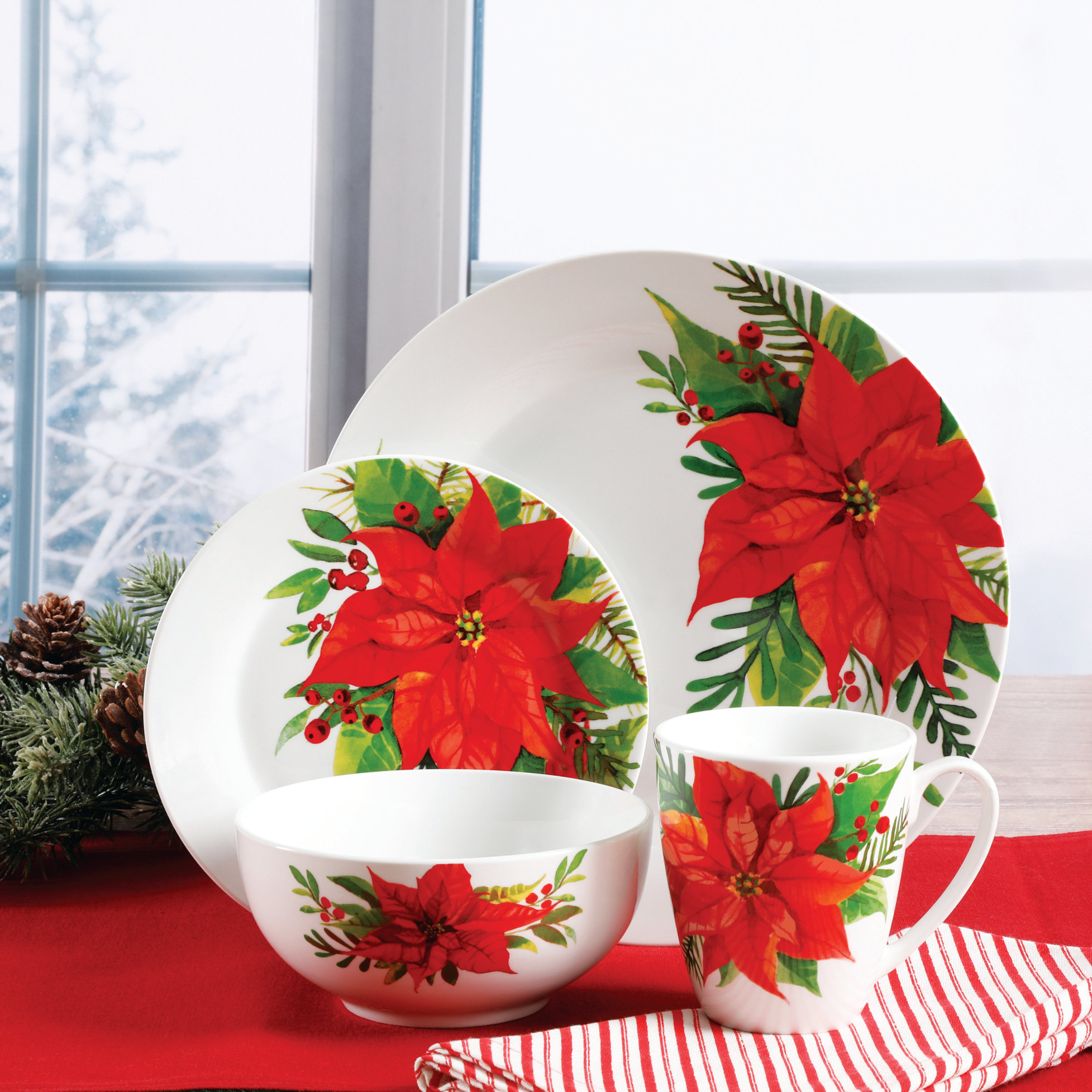 Gibson Home Magic Poinsettia 16 Piece Porcelain Dinnerware Set | Wayfair