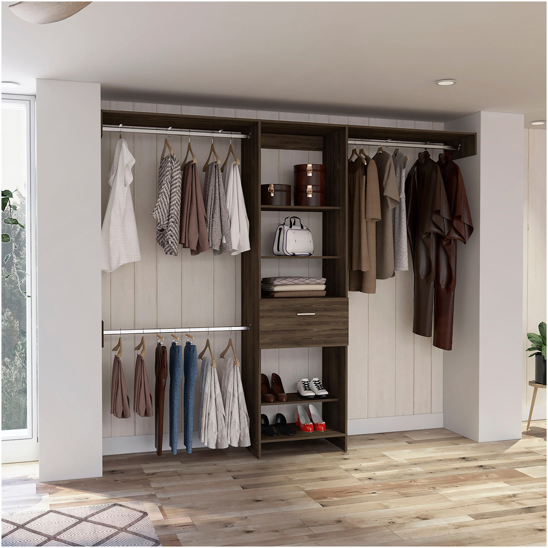 Latitude Run® Cross Closet System, One Drawer, Three Metal Rod, Five ...