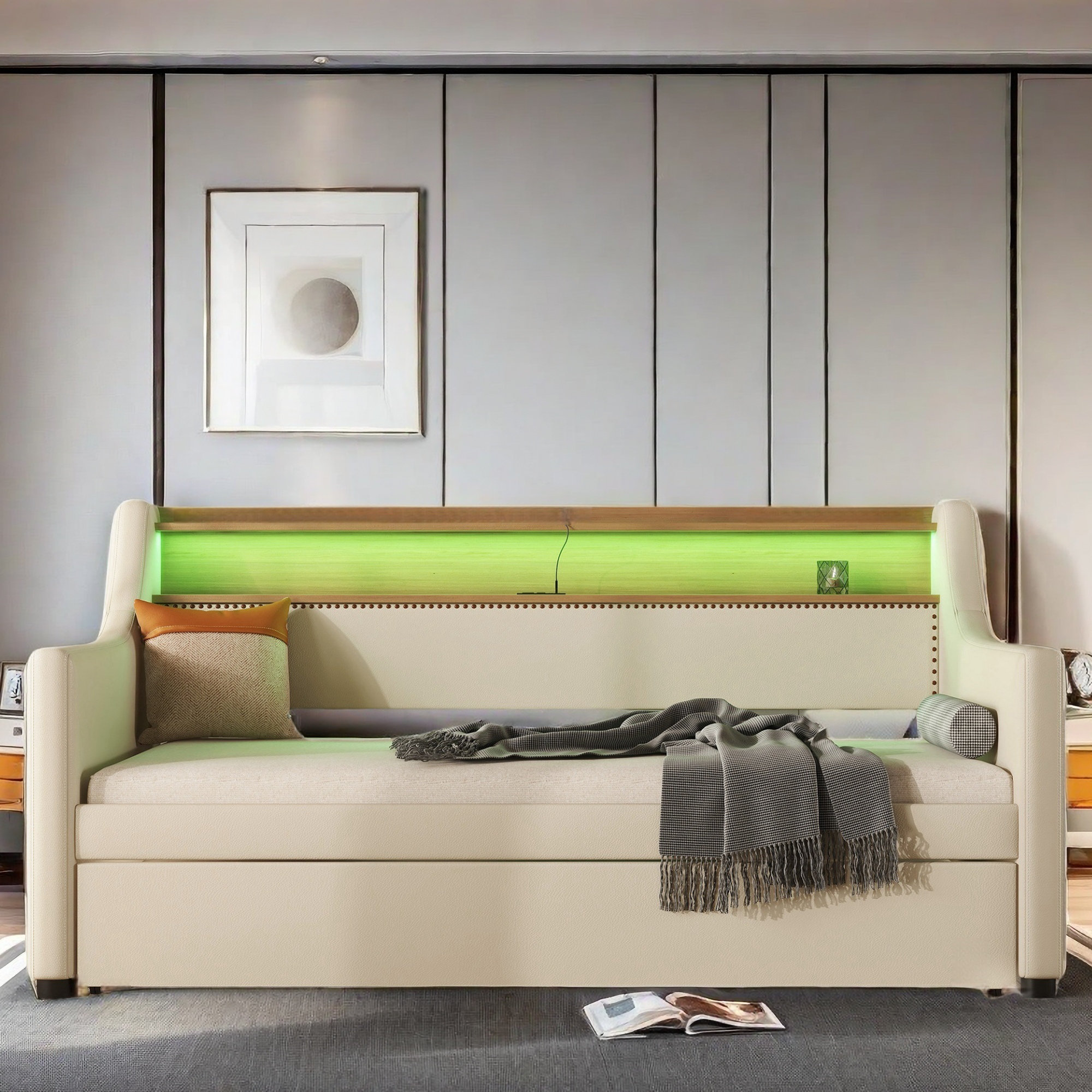 Brayden Studio® Upholstered Daybed With Trundle Bed, Charging Station ...