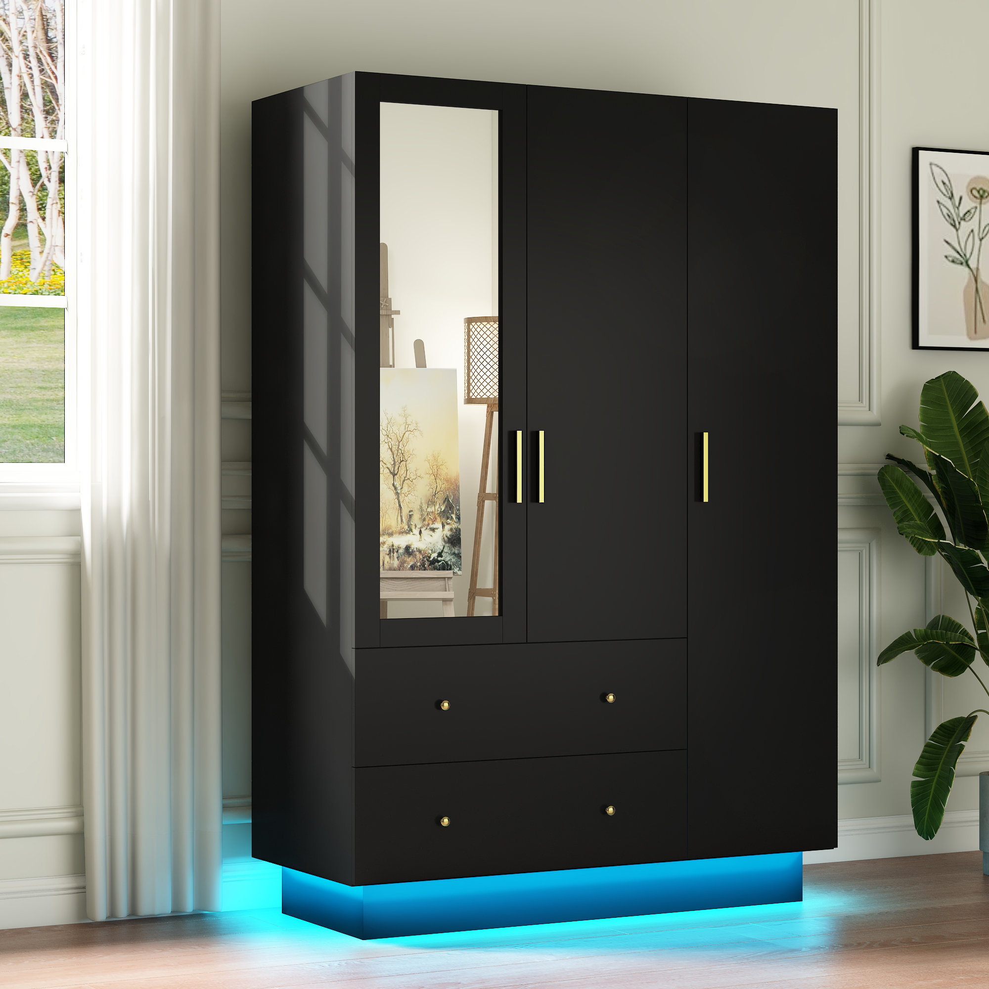 Fushimuma 3 doors Armoire Wardrobe With 2 Drawers and Shelves and led ...