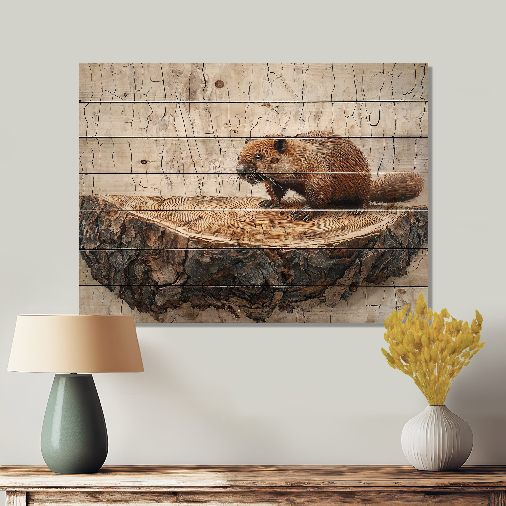 Millwood Pines Beaver Portrait On A Wooden Slide I - Beaver Wood Wall ...