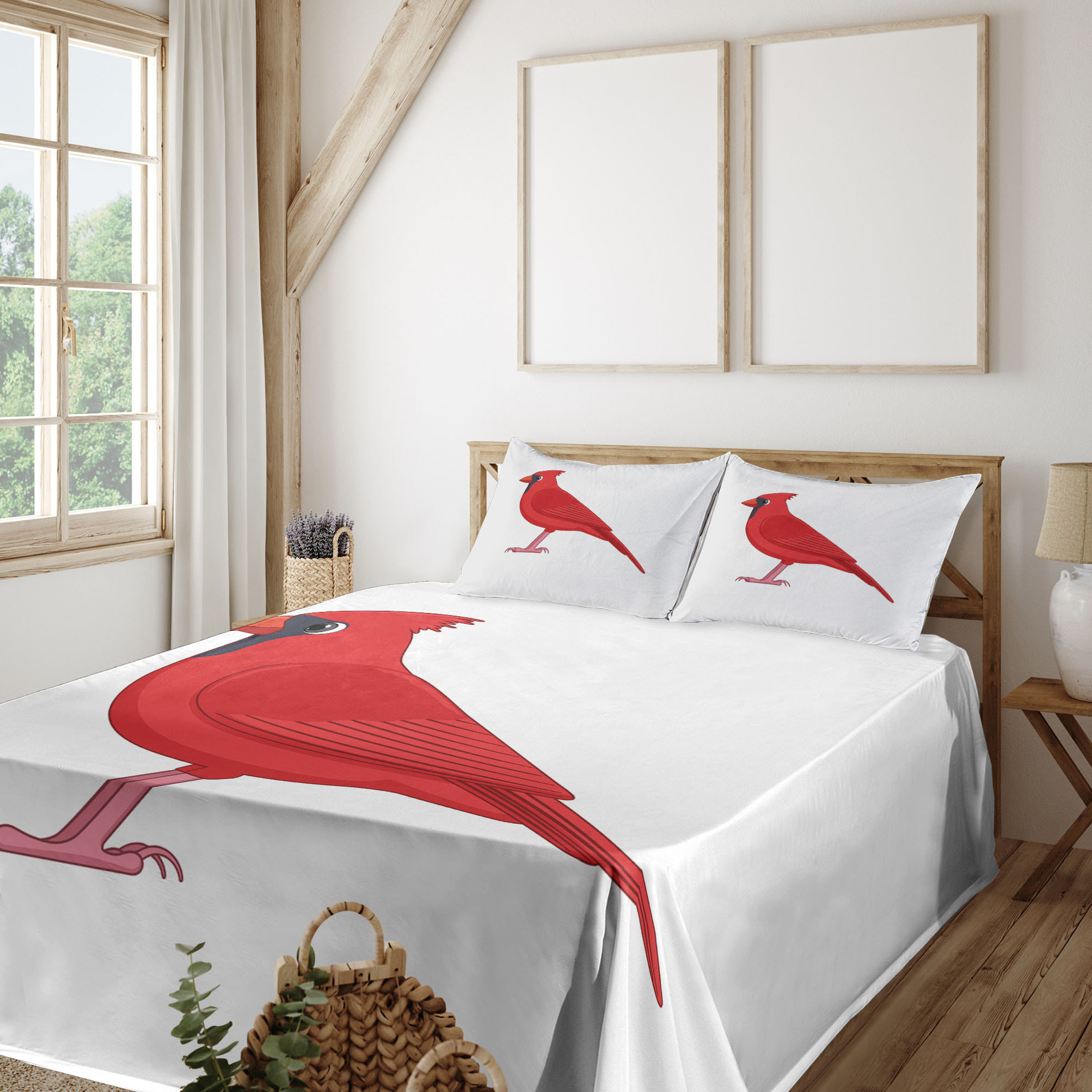 Ambesonne Cardinal Sheet Set Cartoon Red Bird Drawing Dark Pink and ...