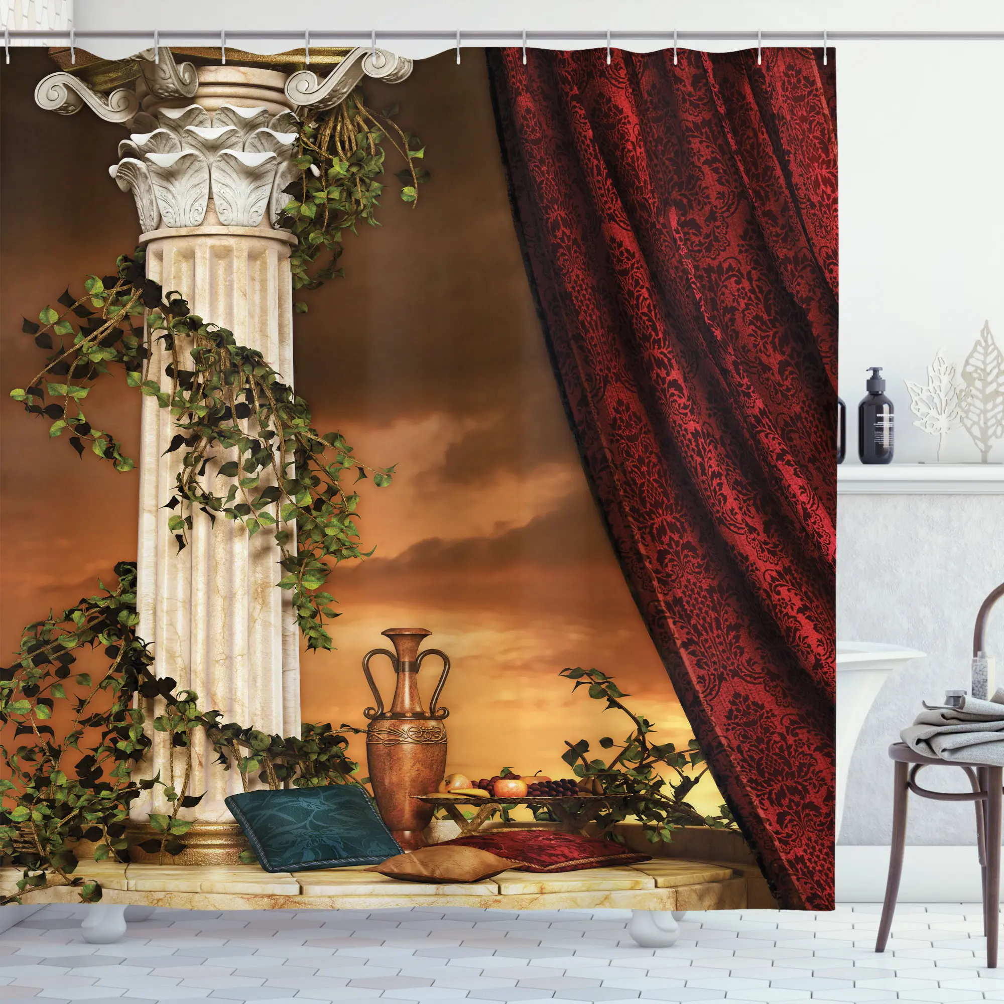 Ambesonne Greek Scene Climber Pillow Fruits Vine and Red Curtain ...