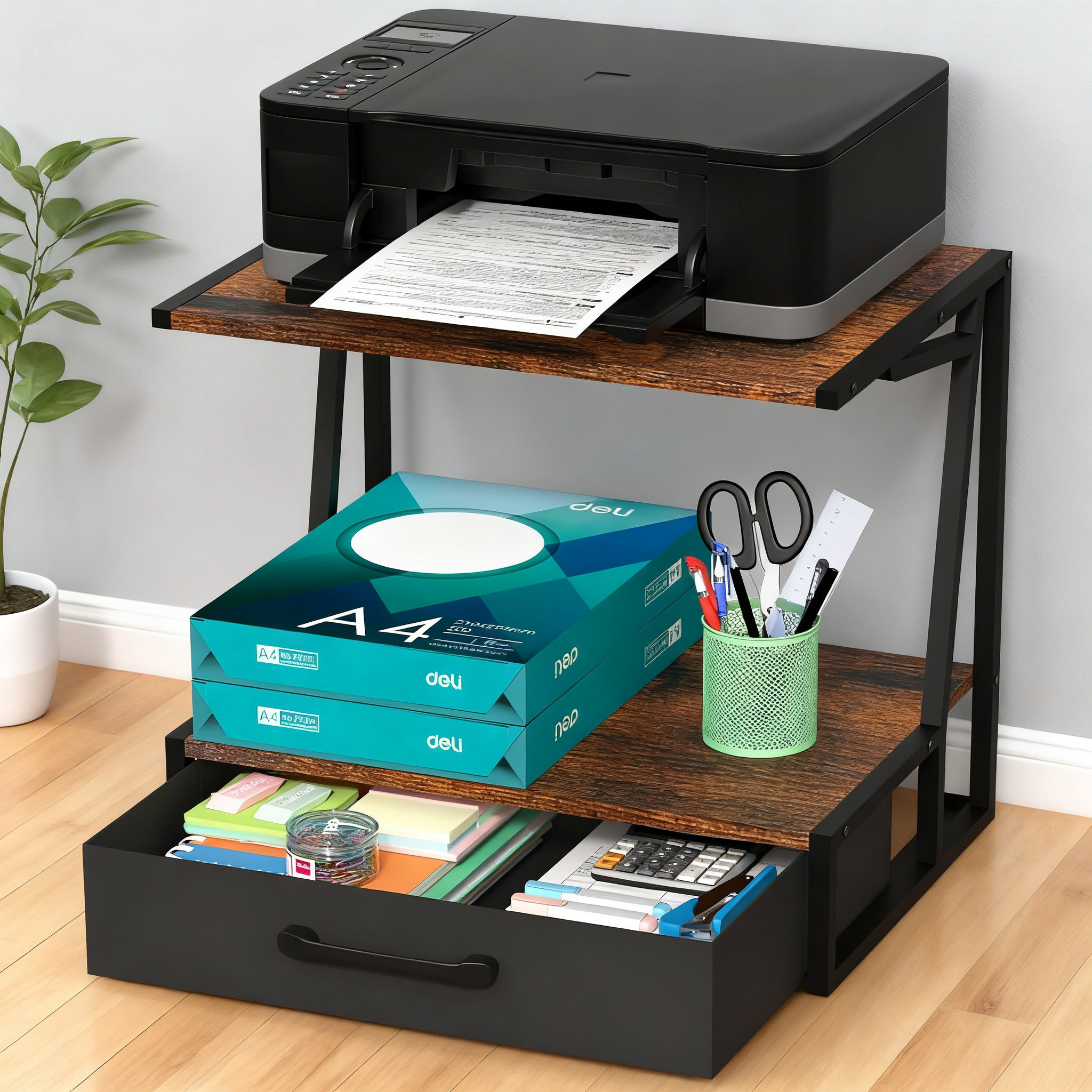 17 Stories Printer Stand With Storage Drawer, 3 Tier Desktop Printer ...