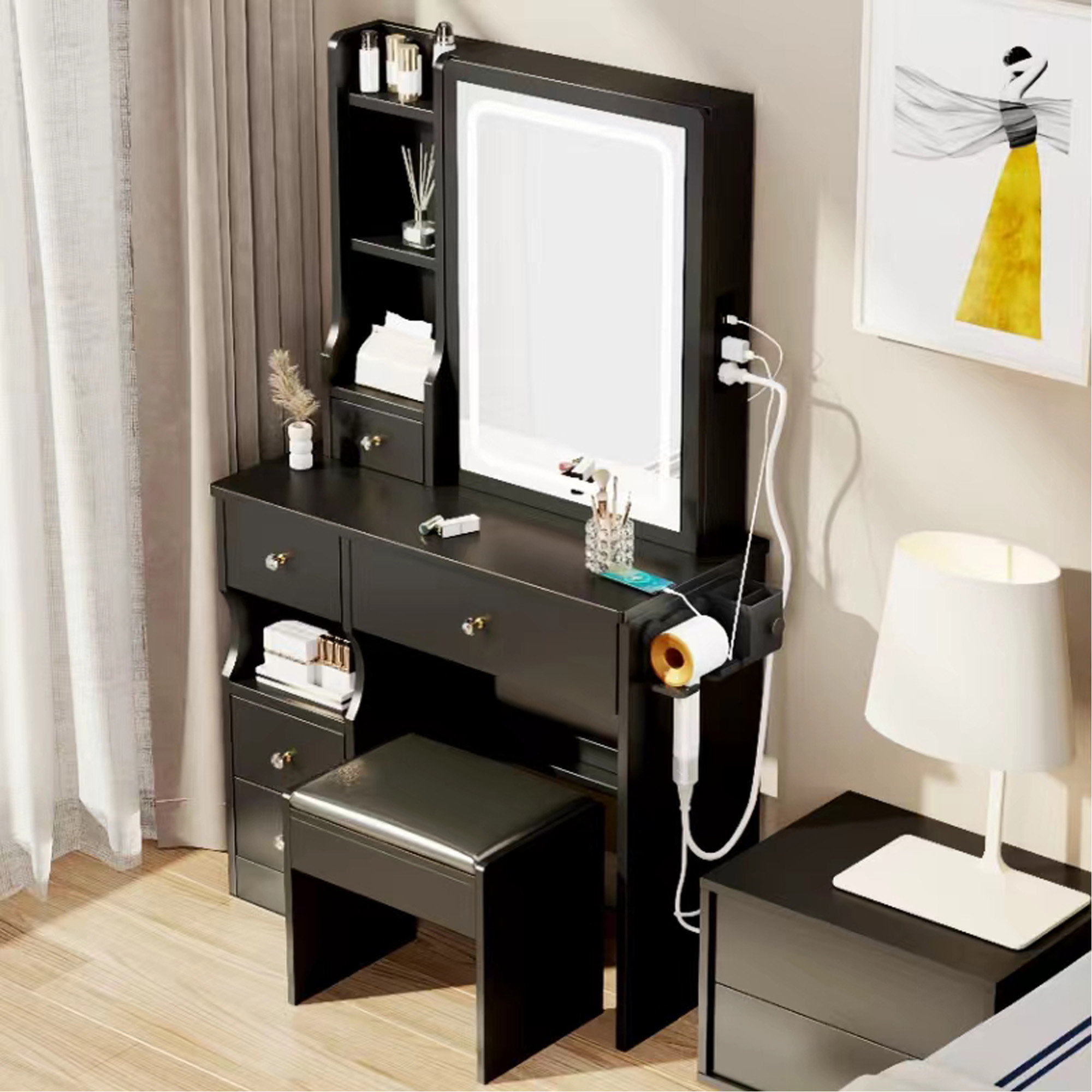 Latitude Run® Small Space Left Drawer Desktop Vanity Table + Cushioned ...