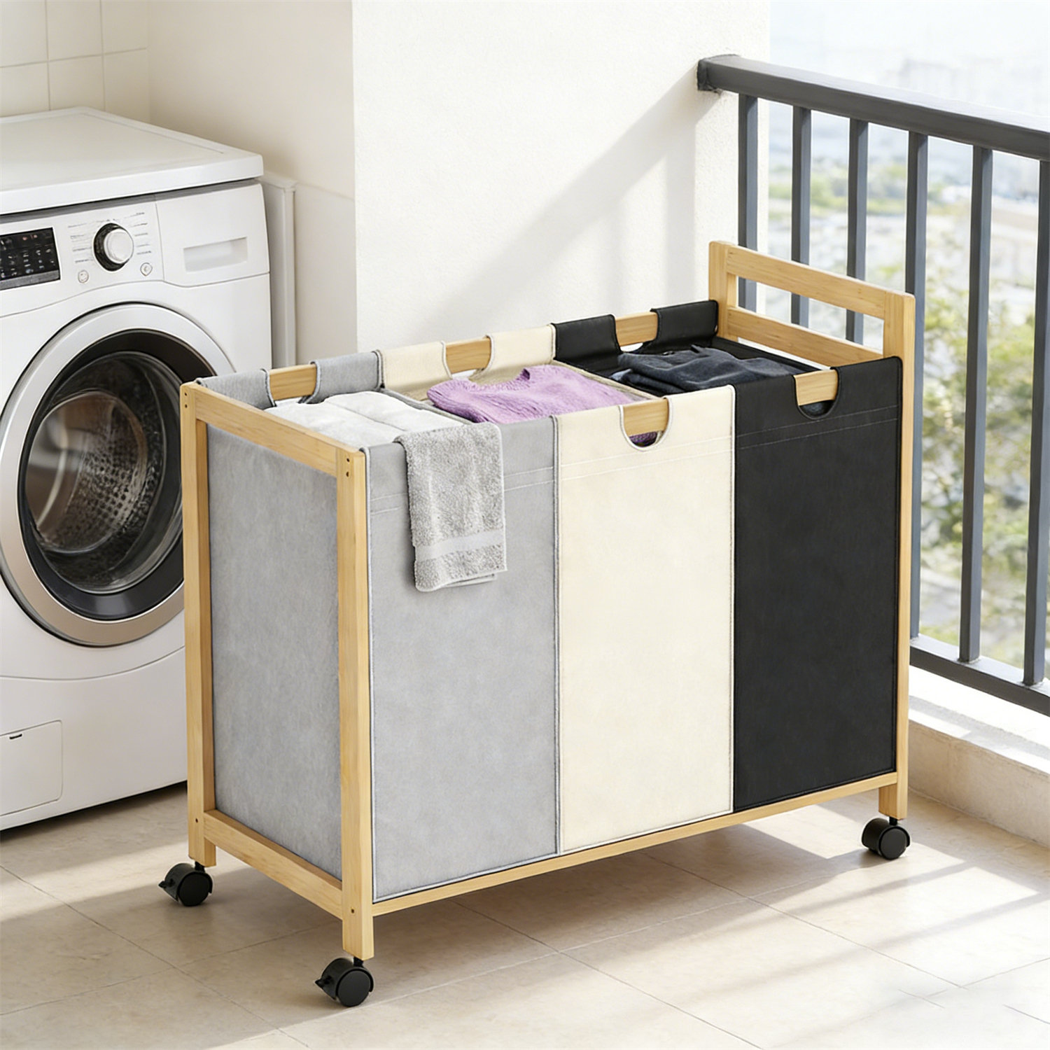 Nari Home Furni Laundry Cart, Laundry Sorting Basket, Three Grid ...