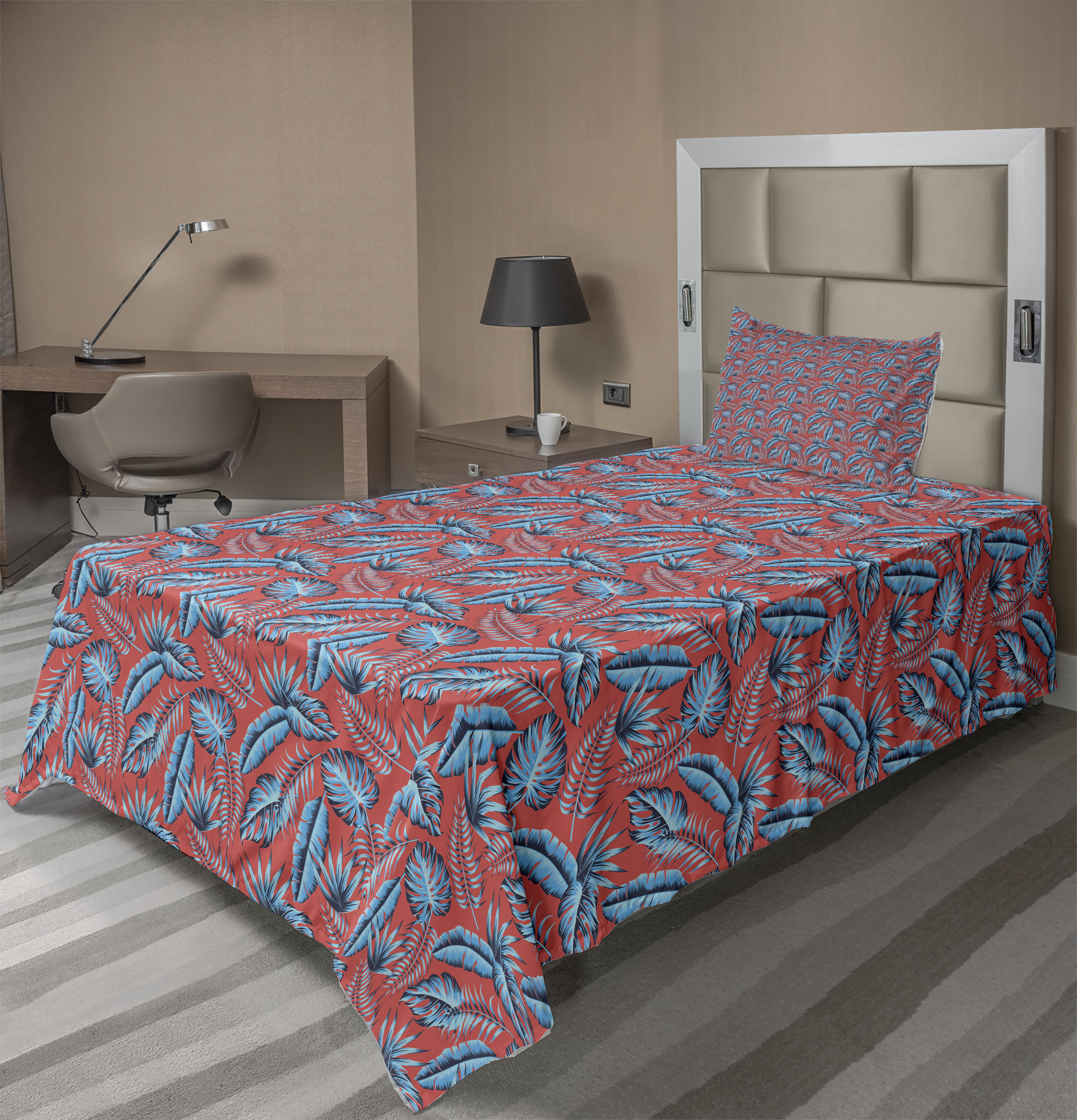 Ambesonne Tropical Sheet Set Retro Monstera Palm Banana Dark Salmon and ...