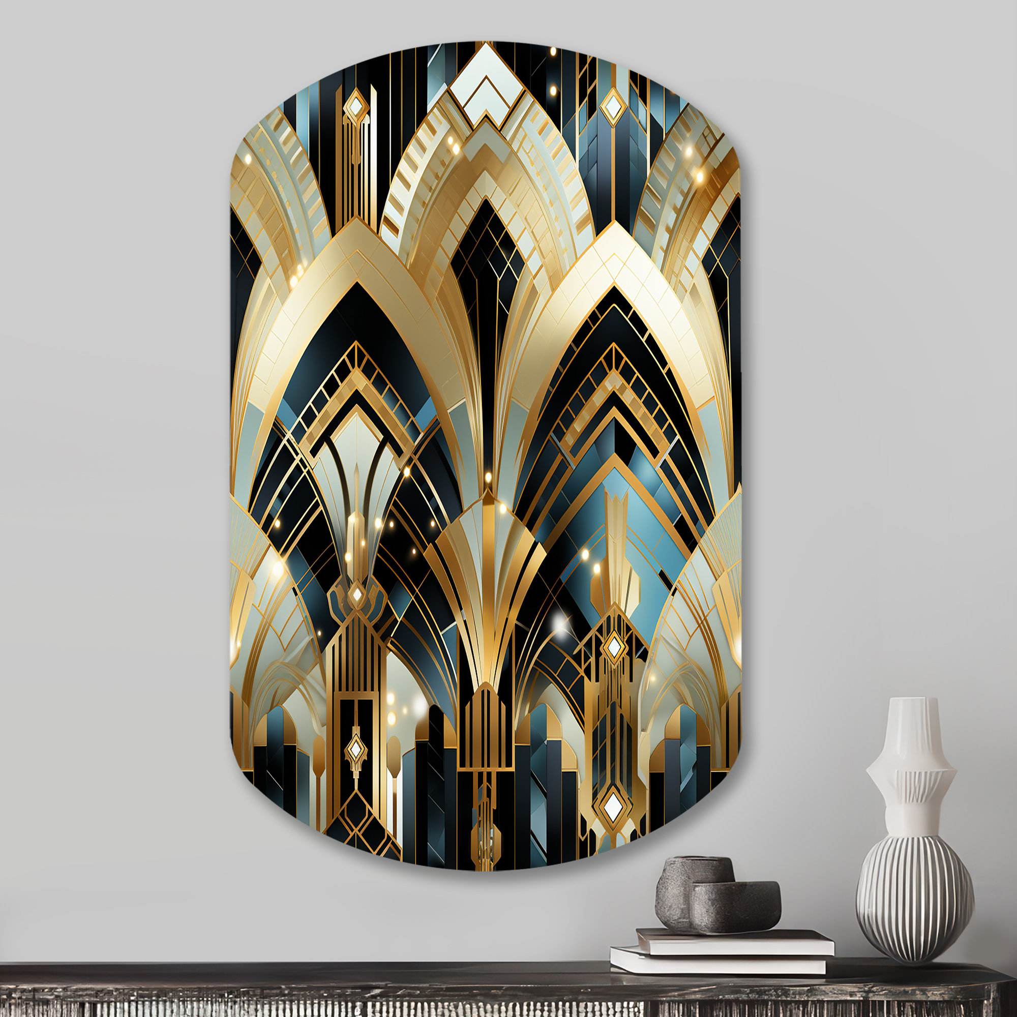 Design Art 1970S Blue And Gold Damask Art Deco - Asymmetrical marble Metal Wall Decor, Cylinder ...