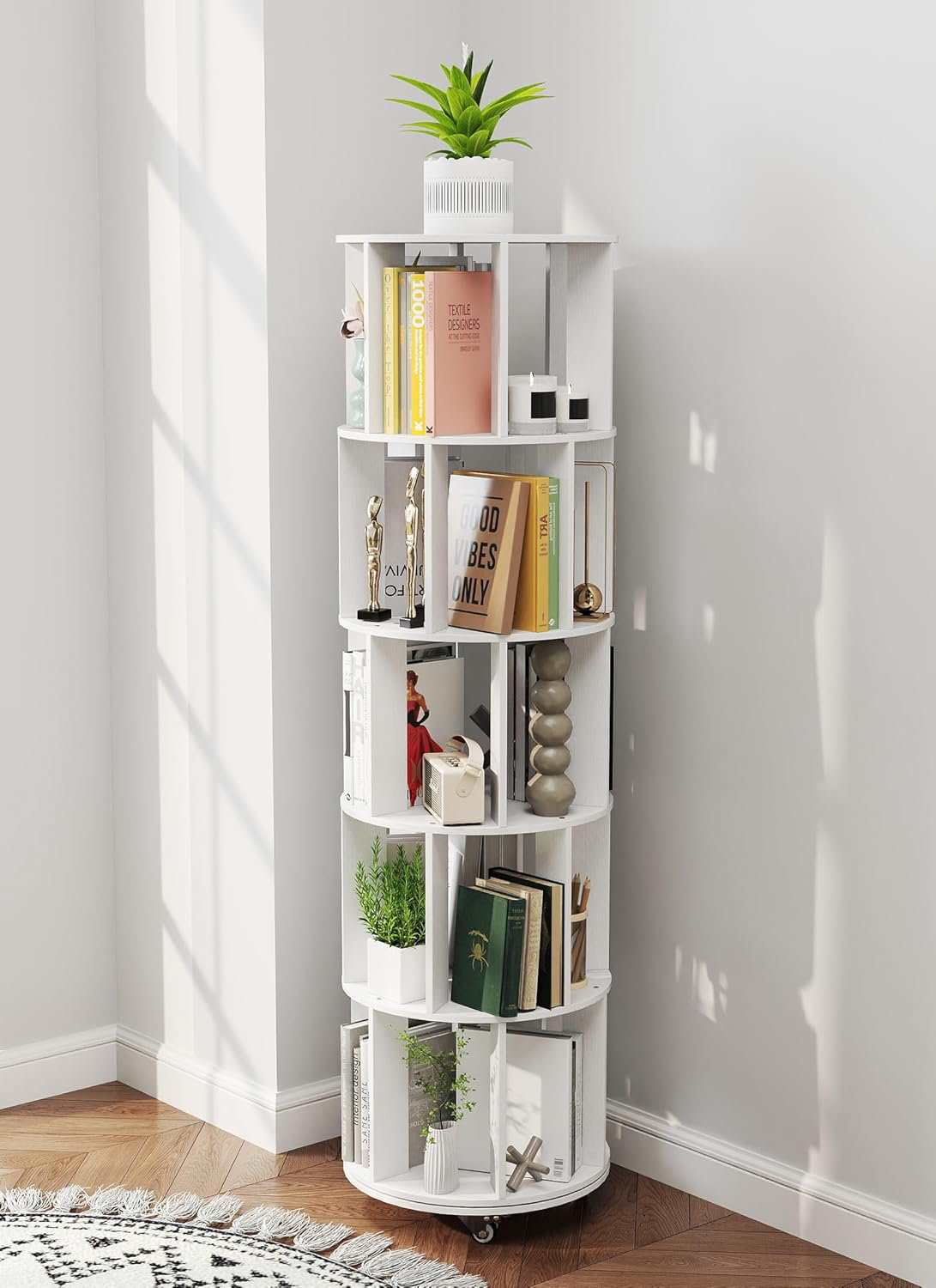Trule 5 Tier Rotating Bookshelf With Wheels 360° Display Stackable ...