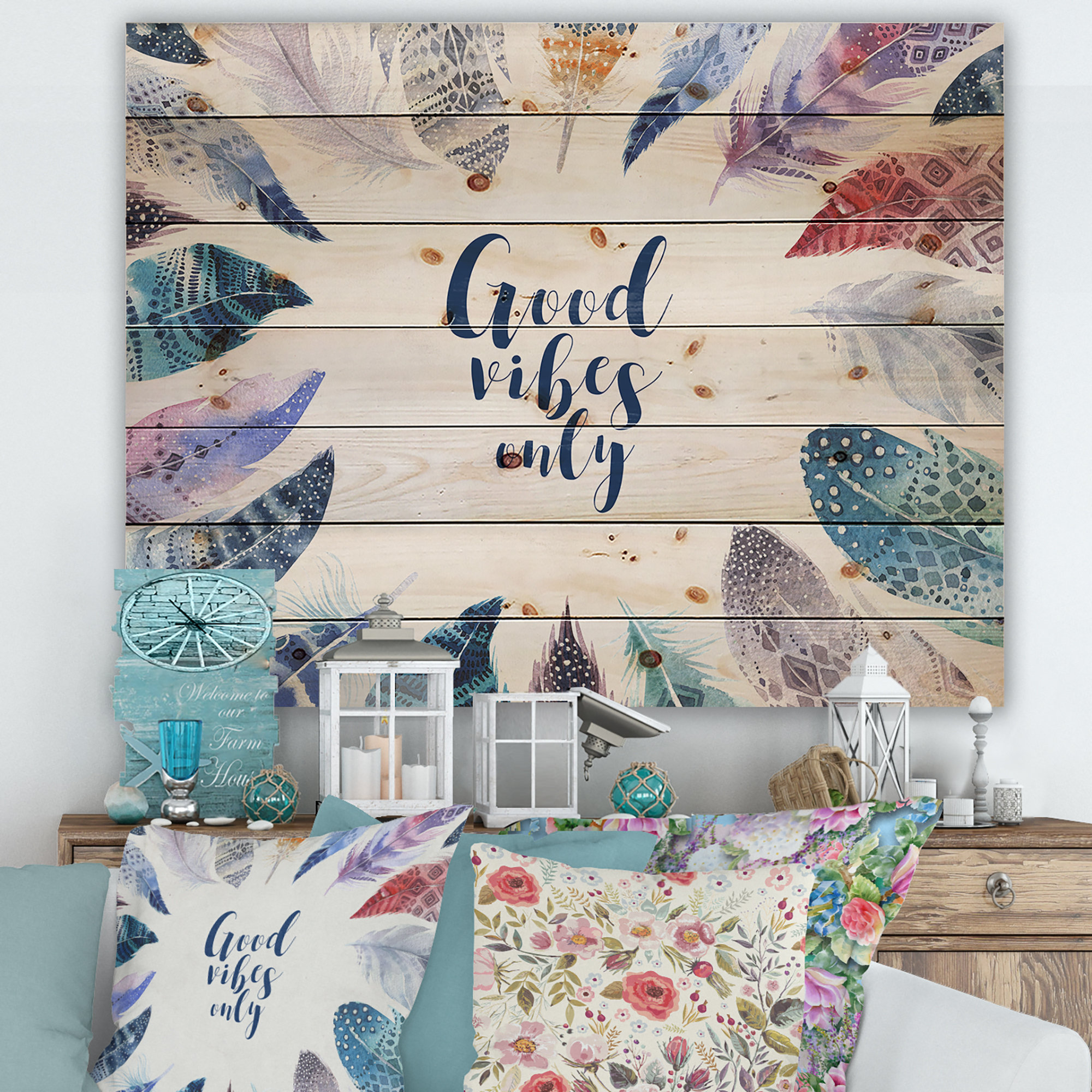 East Urban Home Vibrant Blue Feather Good Vibes Only - Bohemian ...