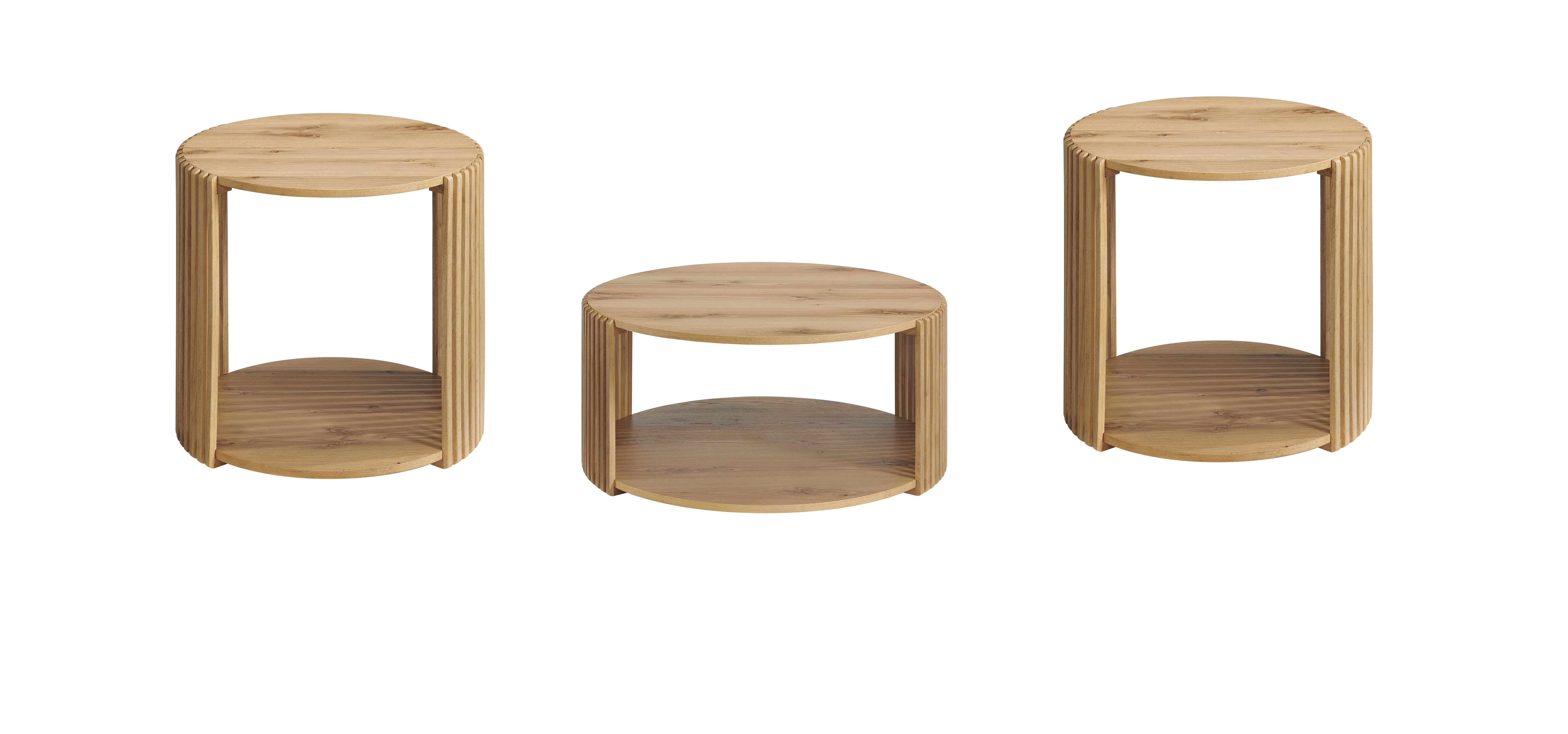 Ebern Designs Estie Round Wood Slatted Coffee Table And End Tables Set ...