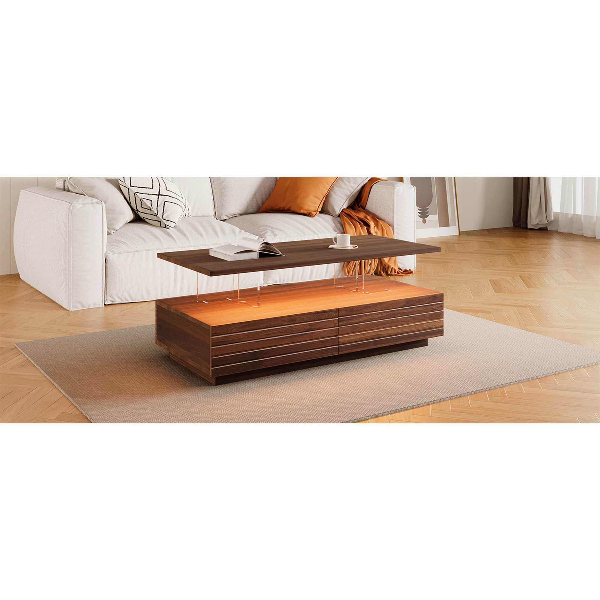 Ivy Bronx Modern Black Rectangular LED Lights Coffee Table With 2 ...