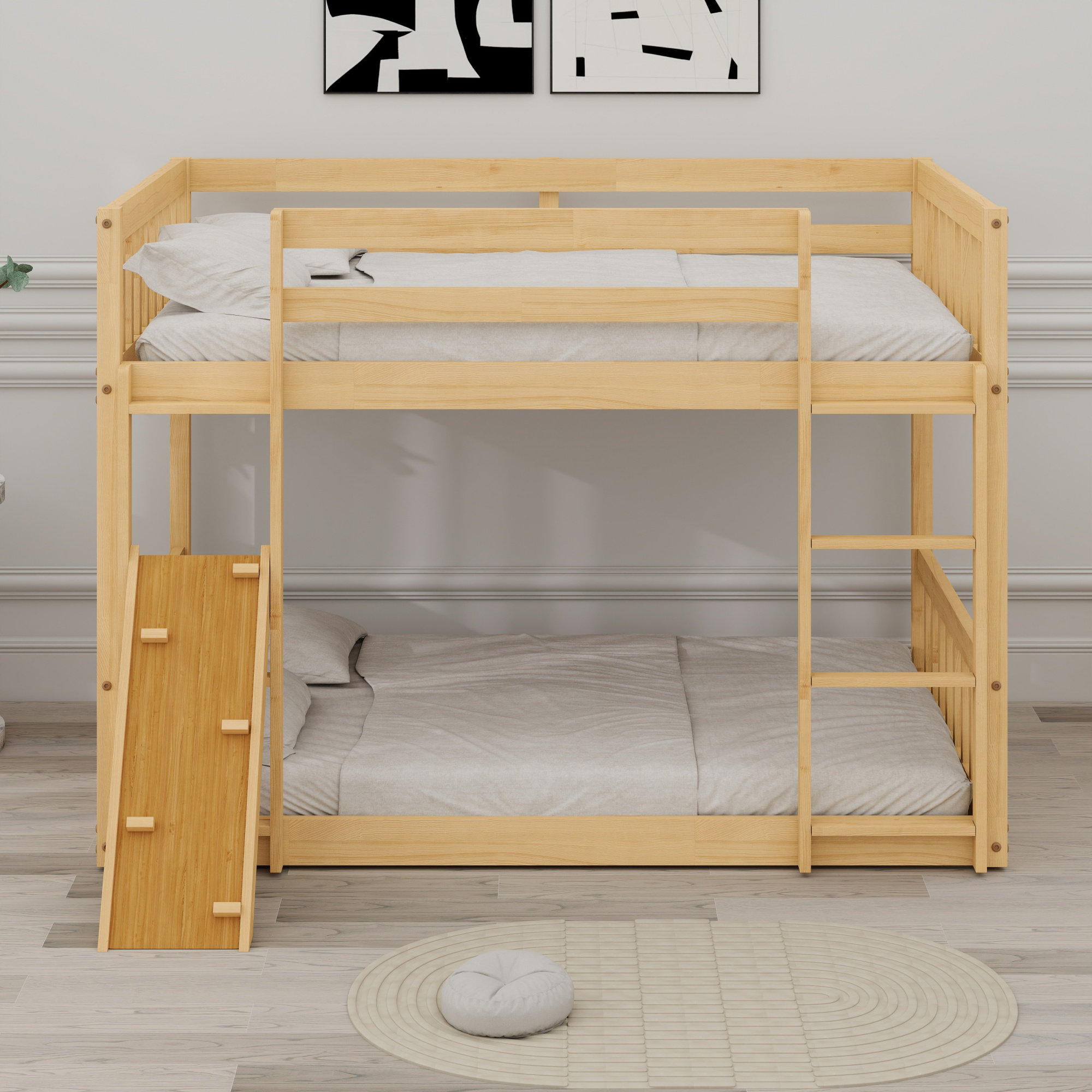 Harriet Bee Floor Bunk Bed With Climbing Ramp, Ladder, Safety ...