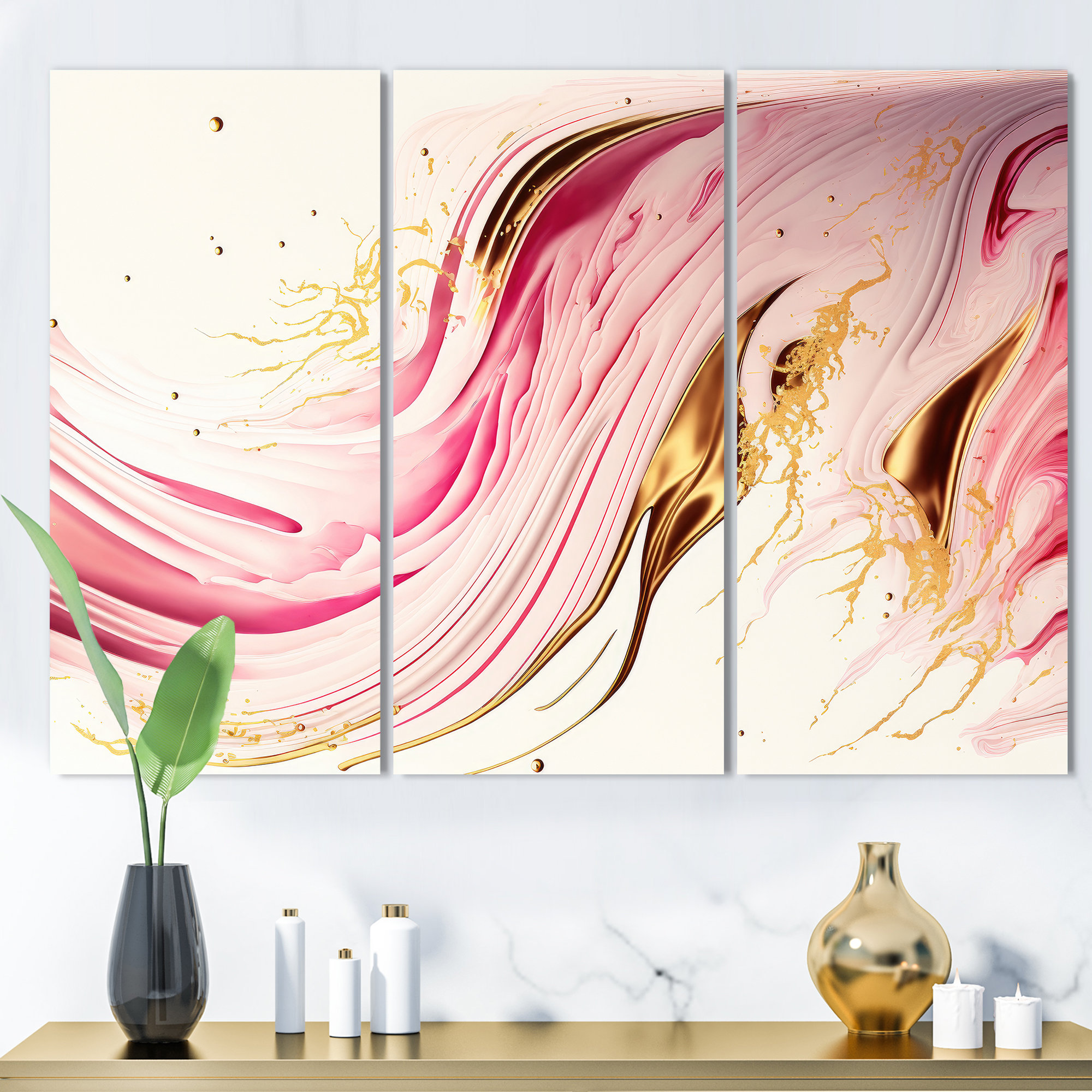 Ivy Bronx Dorabelle Bold Pink And Gold Flow I - 3 Piece Print on Canvas ...