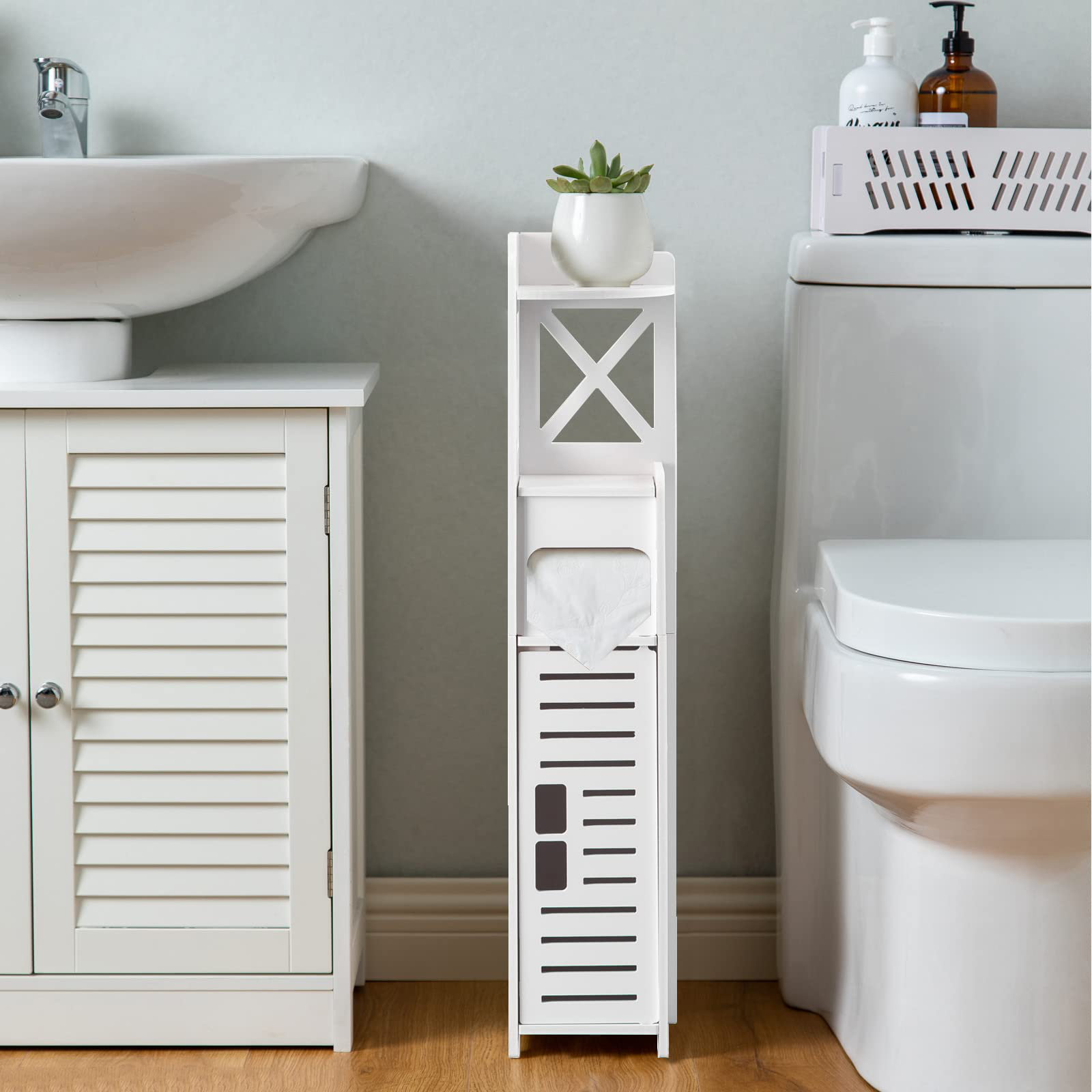 Gracie Oaks White Narrow Bathroom Cabinet With Toilet Paper Storage And ...