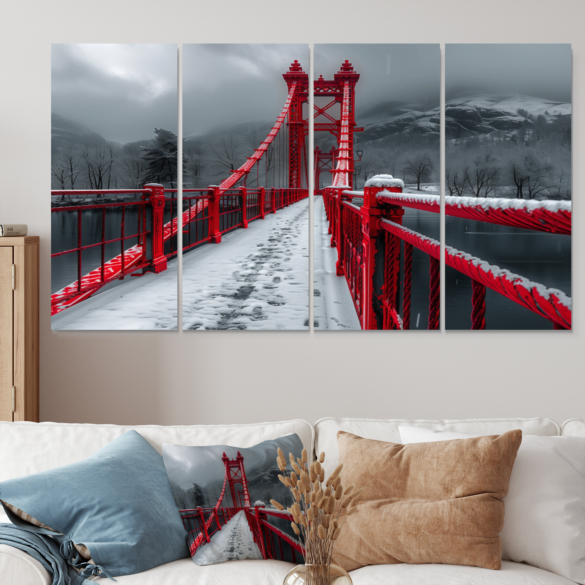 Design Art Red White Winter Walkway Bridge - Bridges Wall Art Set | Wayfair