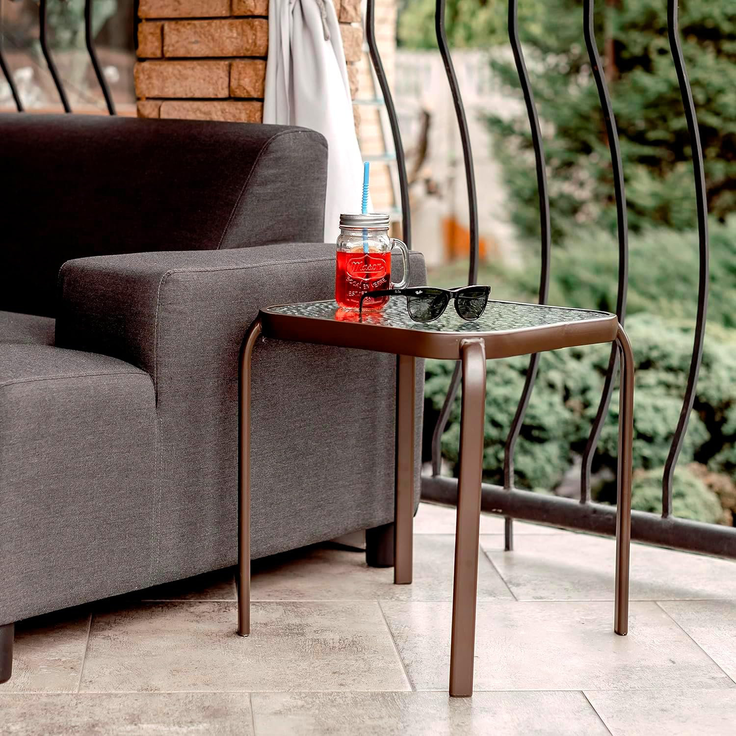 Ebern Designs Bronze Metal Outdoor Side Table With Tempered Glass Top ...