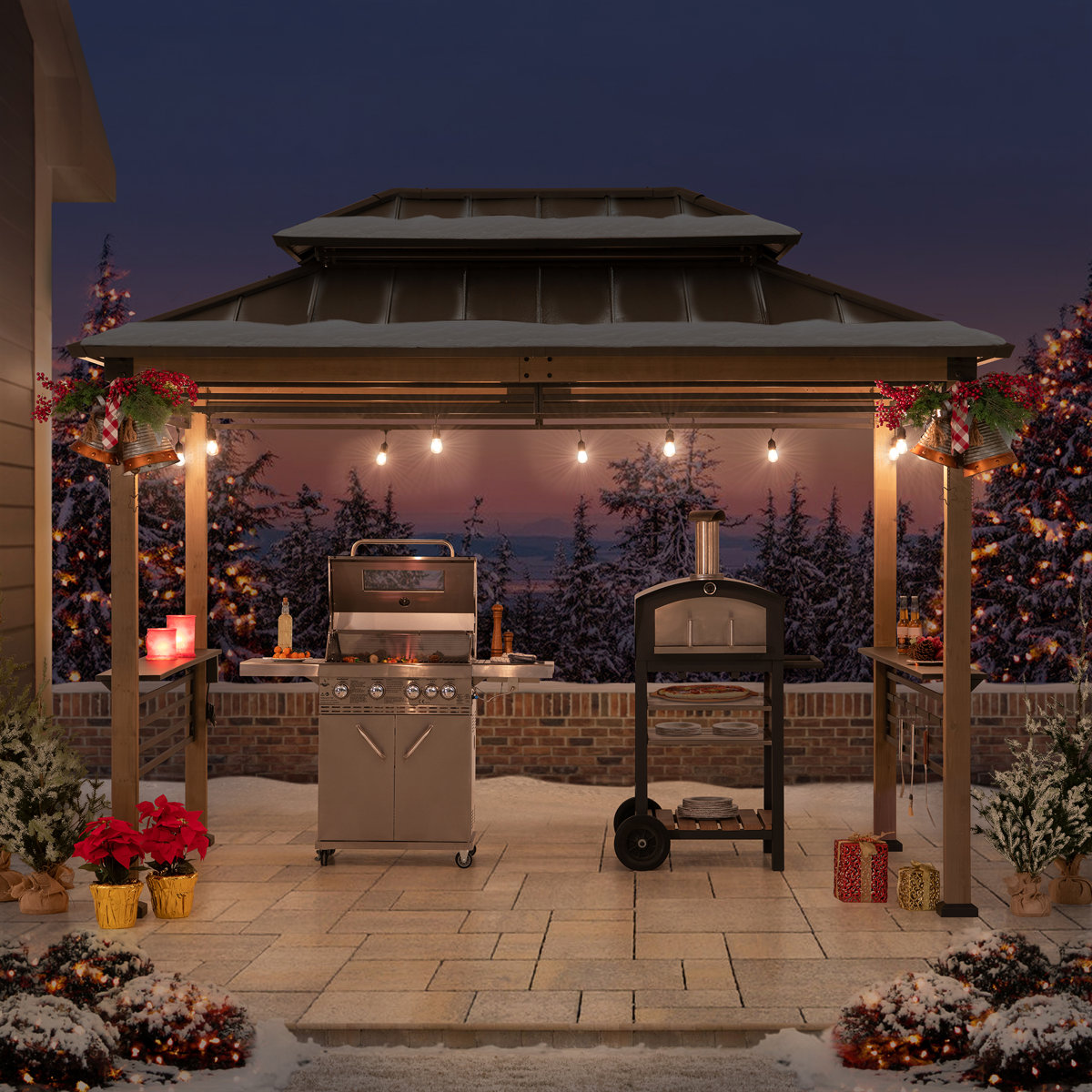 Sunjoy Wooden Grill Gazebo with AC Power Port, 8 x 12 ft. Steel Hardtop ...