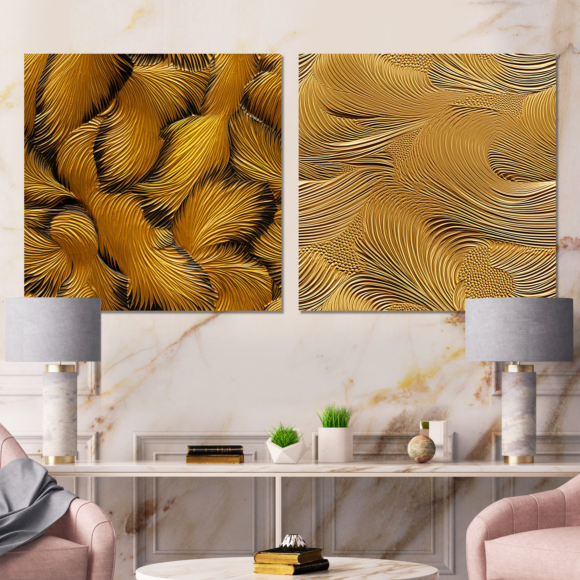 Mercer41 Golden Feathers Serenity I - Feathers Canvas Art Print Set Of ...
