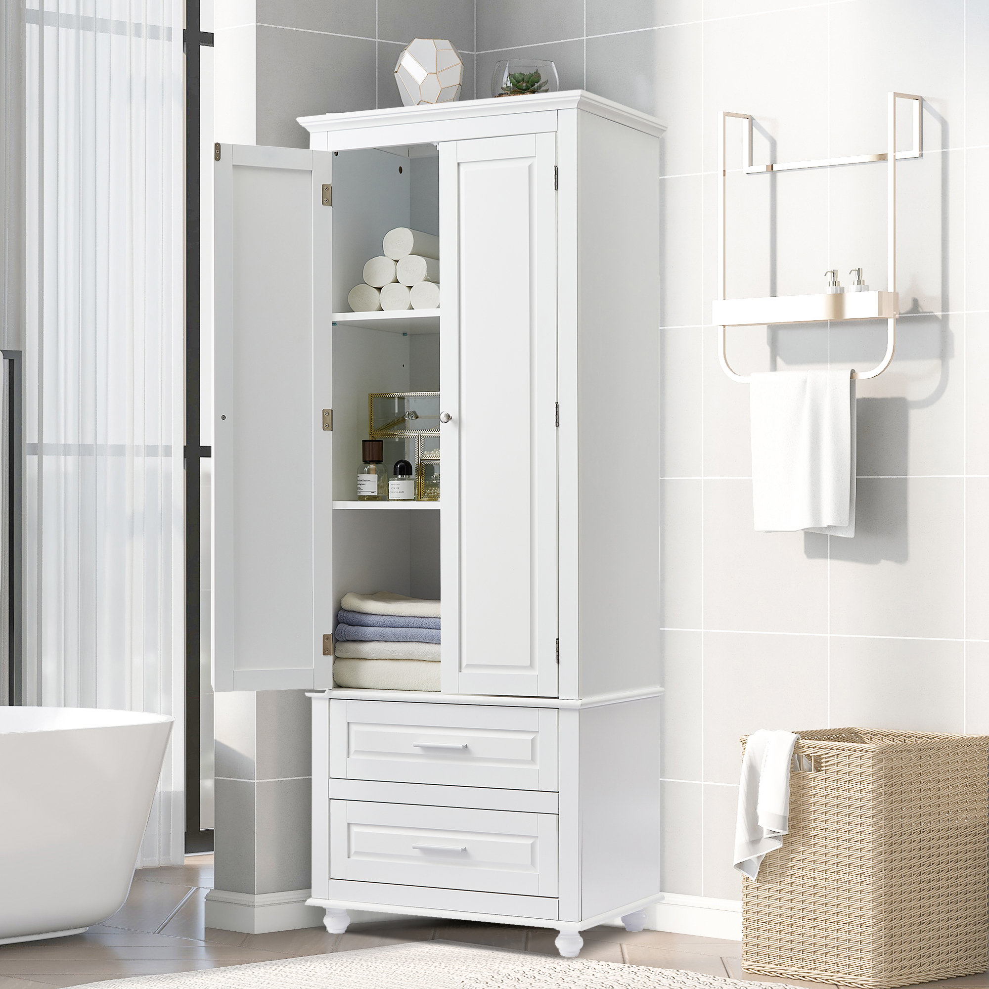 Red Barrel Studio® Freestanding Bathroom Linen Cabinet With Drawers ...
