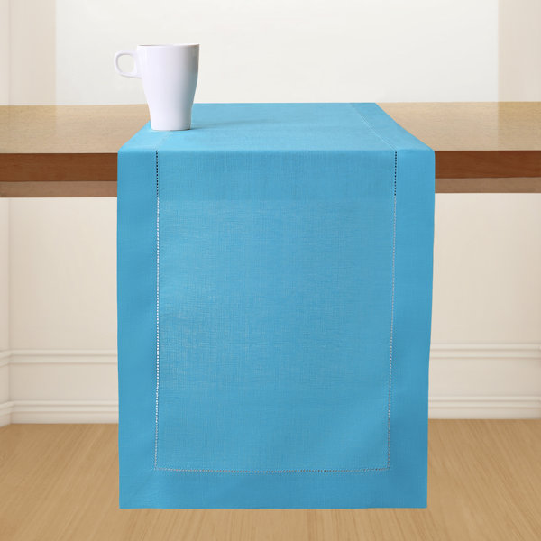 Gracie Oaks D'Moksha Homes Classic Hemstitch Cyan Blue Linen Table ...
