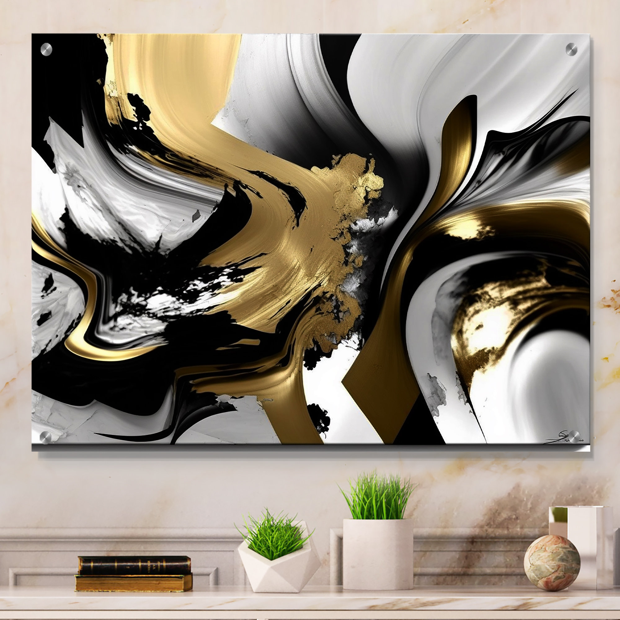 Design Art Golden Wave Reflections II - Abstract Acrylic Wall Art For ...