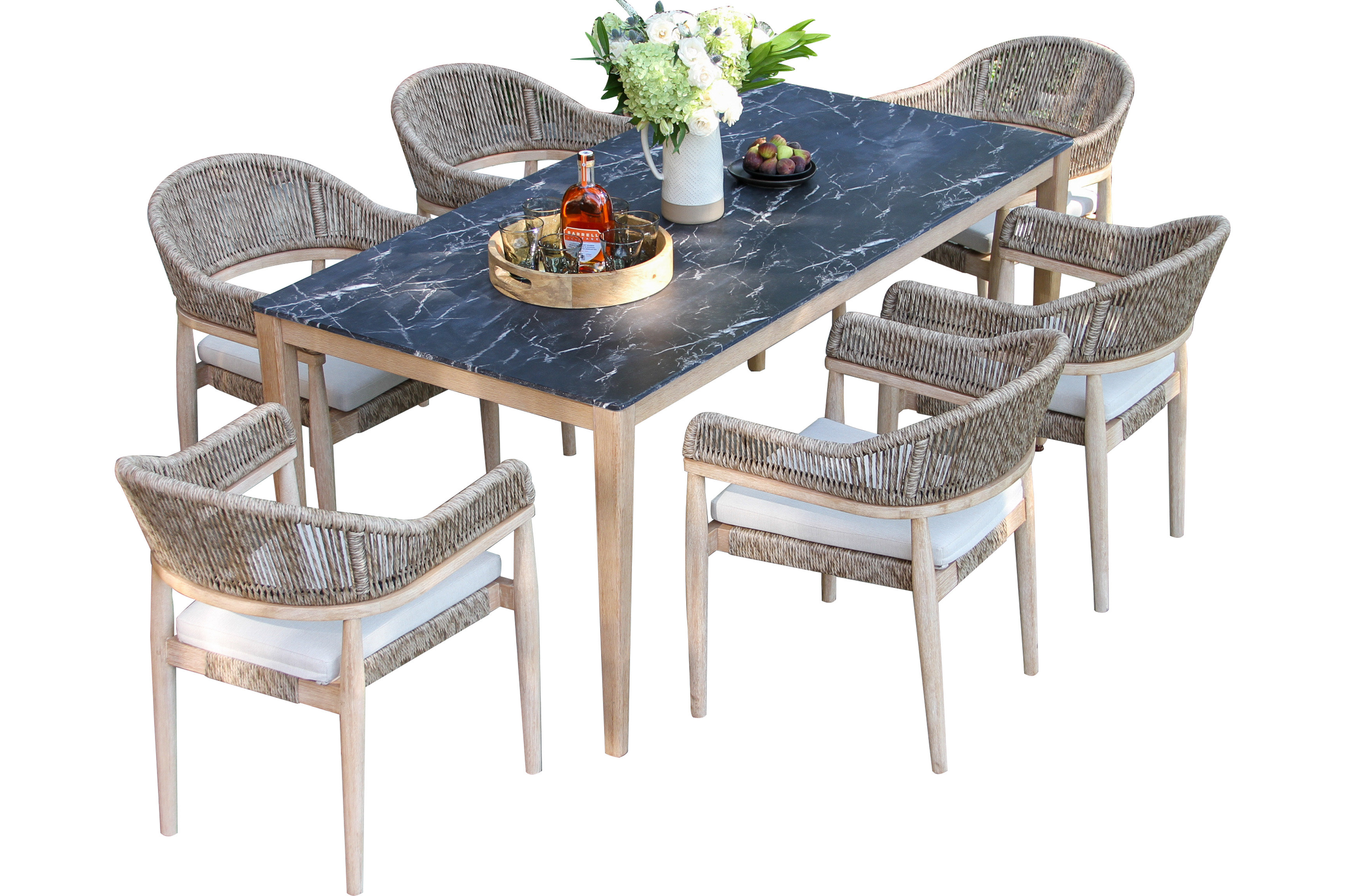 Birch Lane™ Posey 7 Pc. Marble Composite Dining Table With Wheat Wicker ...