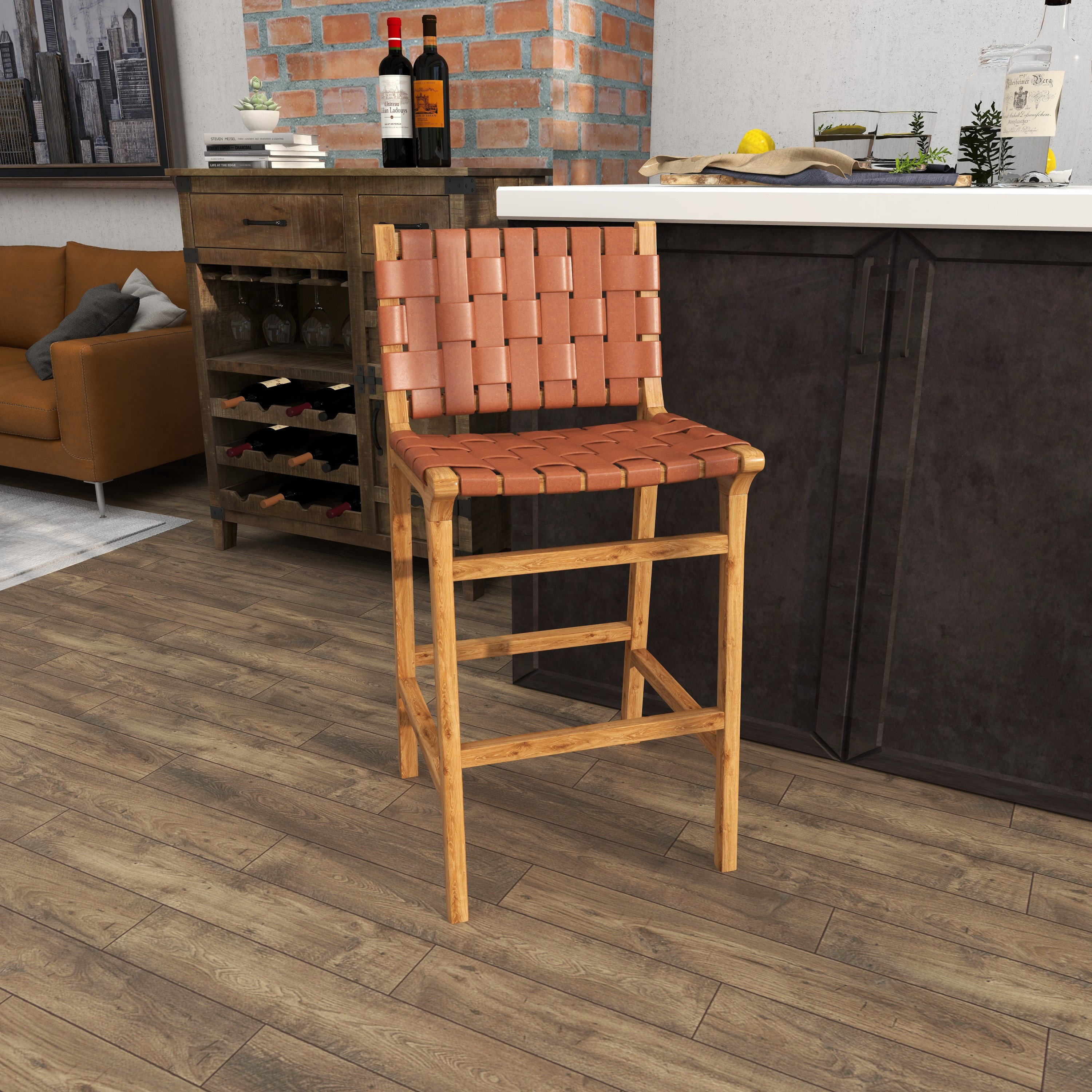 Joss & Main Markus Teak Wood Woven Leather Seat and Back Bar Stool with ...