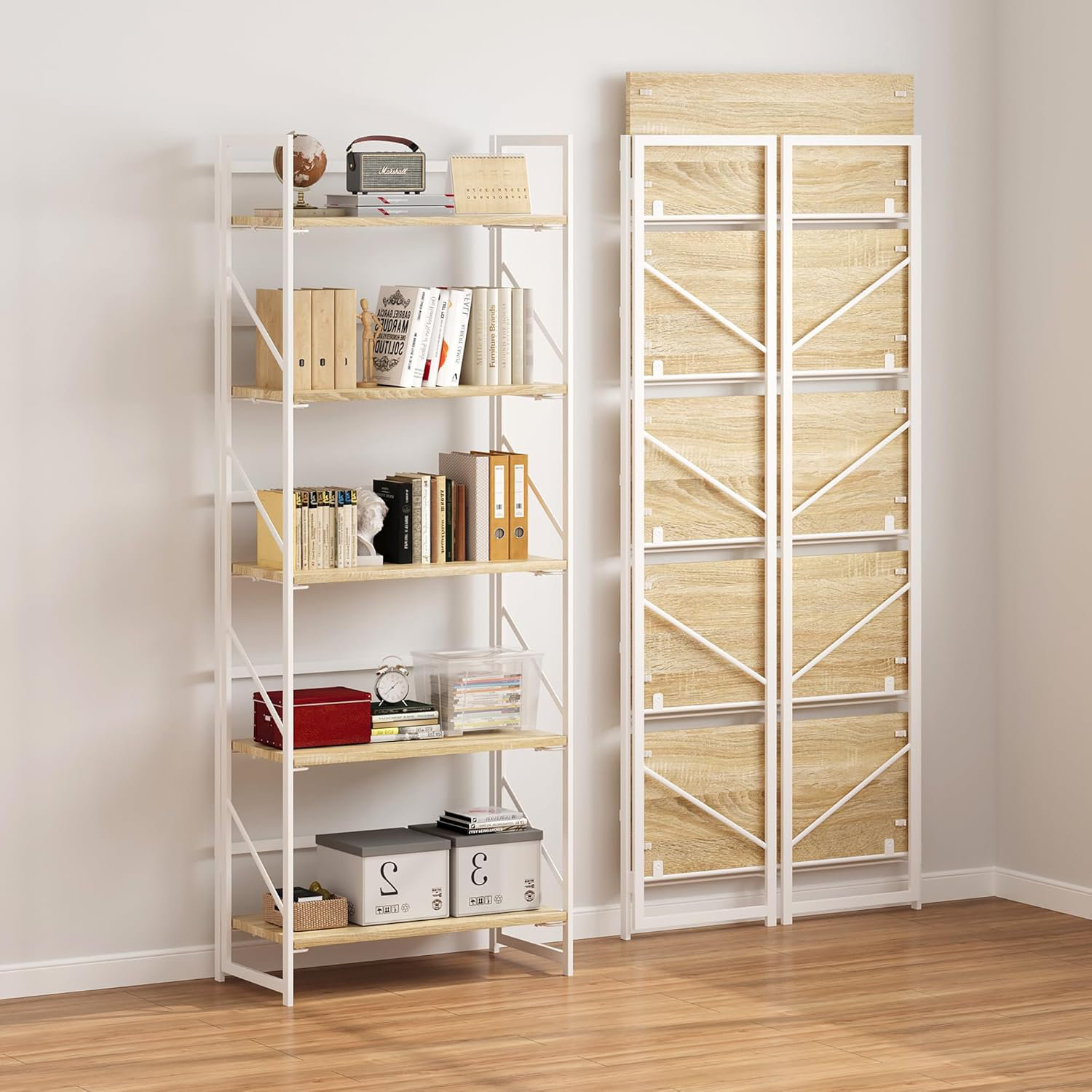 17 Stories No Assembly Folding Bookshelf, 5 Tier Industrial Metal Book ...