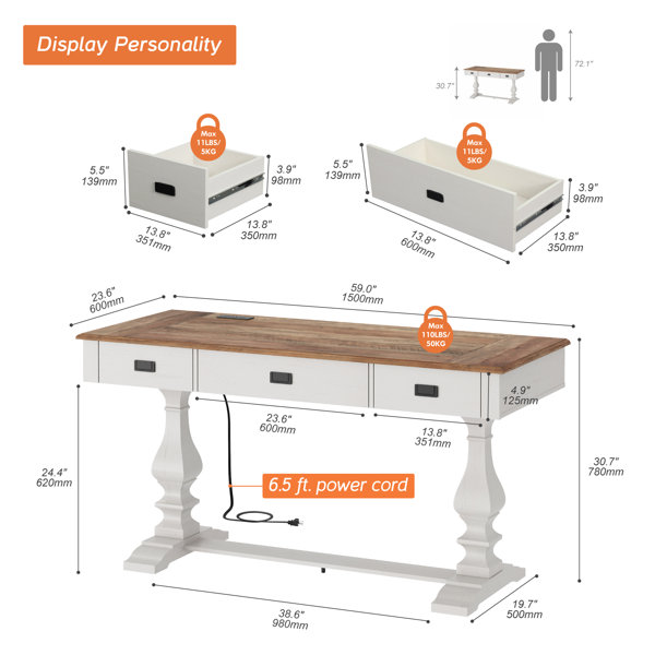 Alcott Hill Bureau double caisson 59 pouces avec 3 tiroirs et station ...