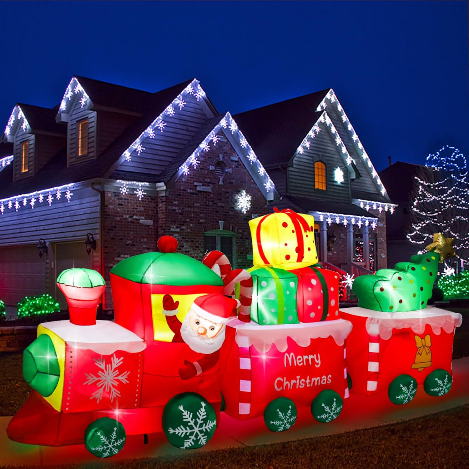 The Holiday Aisle® 10 FT Christmas Inflatables Train With Santa Claus ...