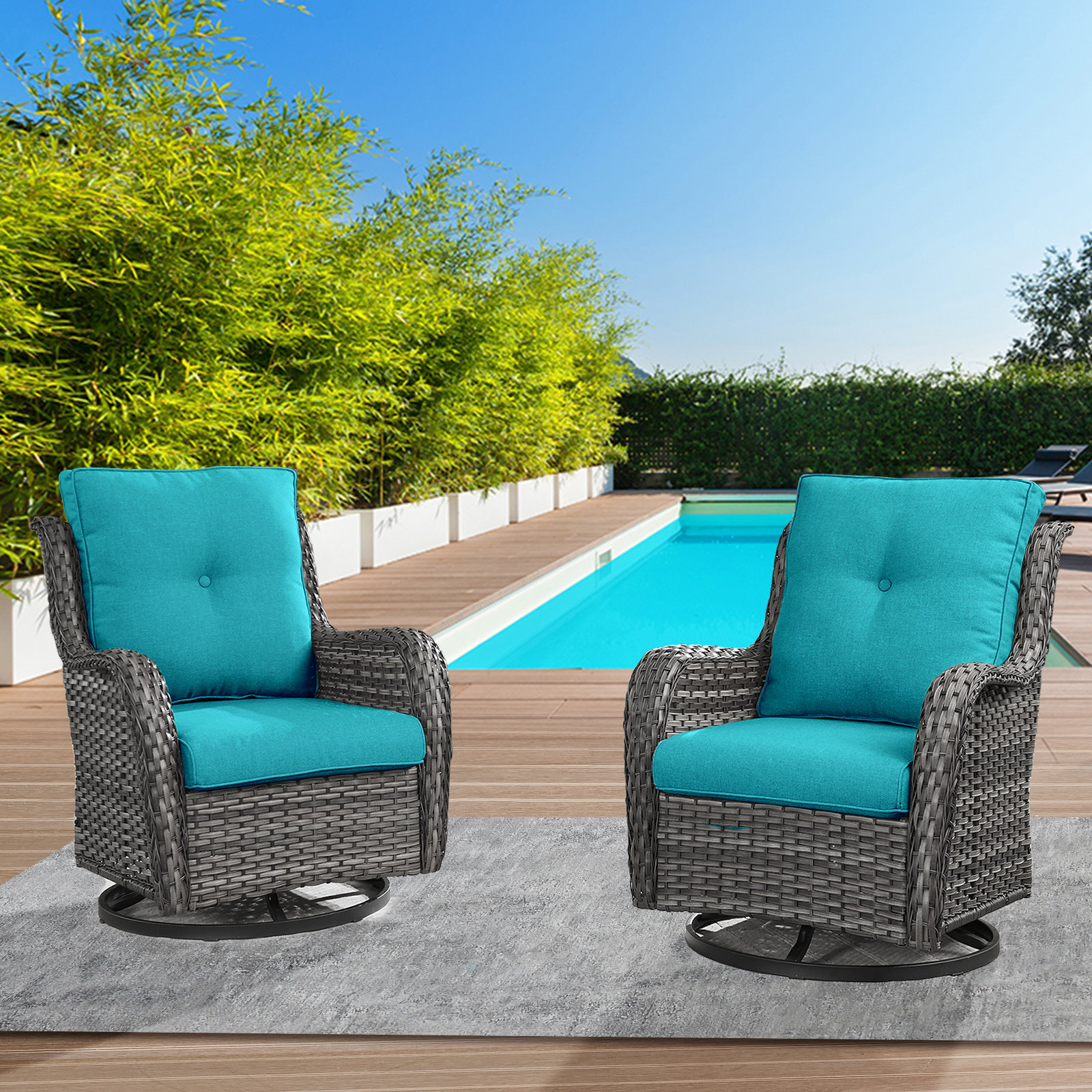 Winston Porter Chaise berçante pivotante en osier avec coussins Tonry ...