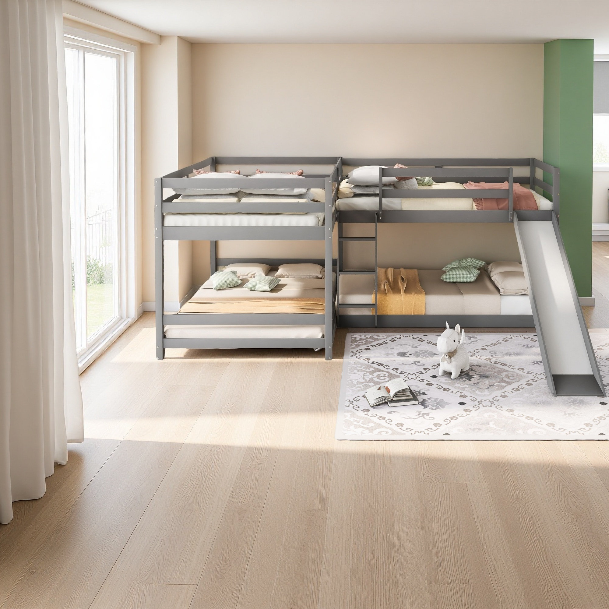 Harriet Bee Full And Twin L-Shaped Bunk Bed With Slide And Short Ladder ...