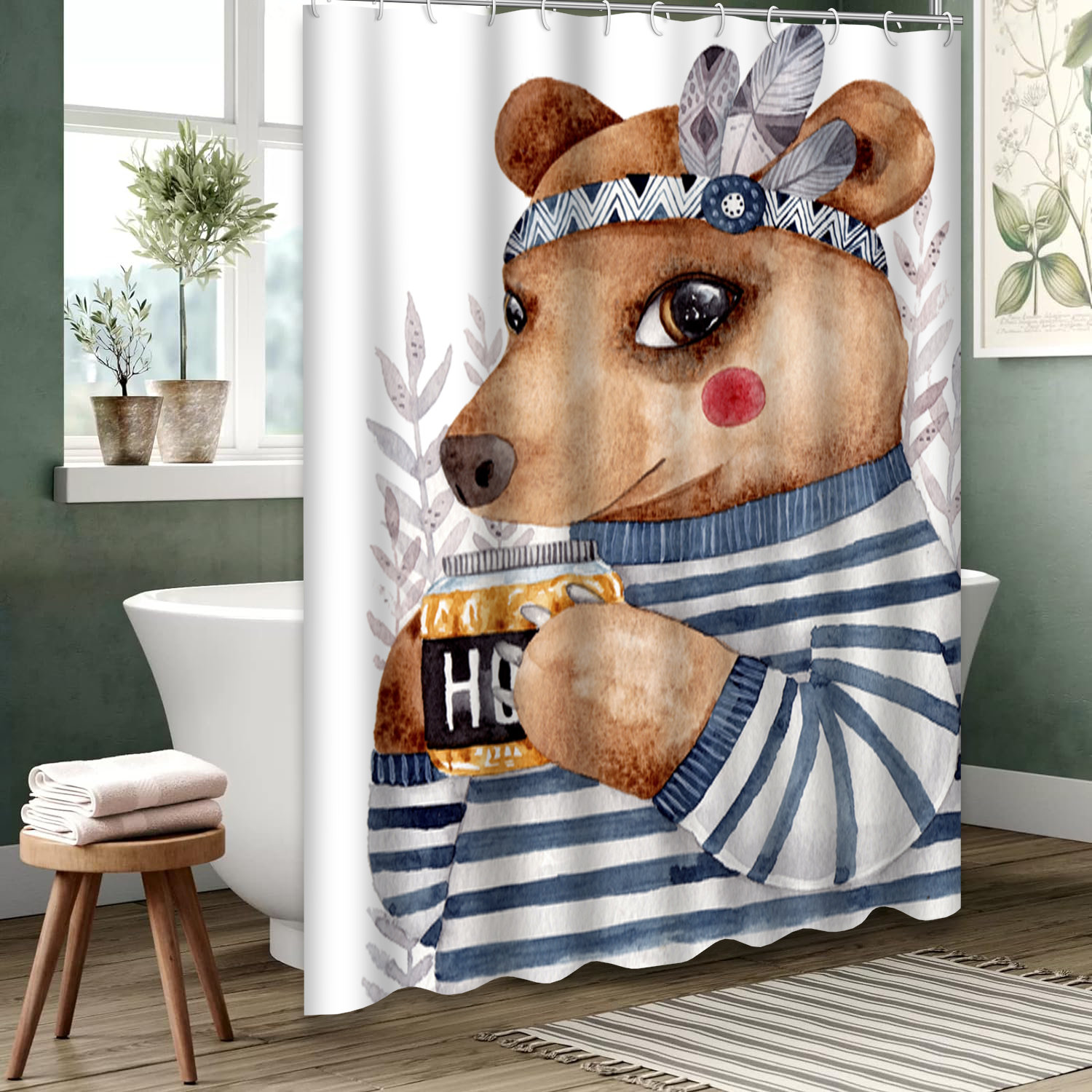 Dakota Fields Cute Watercolor Bear Shower Curtain with 12 Hooks | Wayfair
