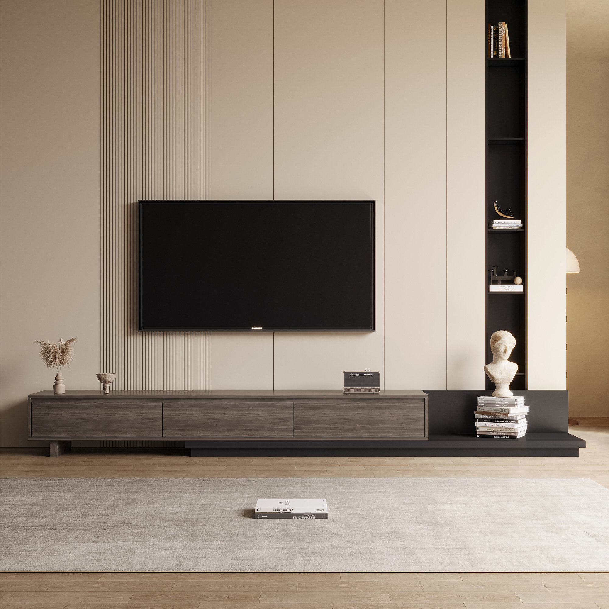 Ebern Designs 200-350cm Extending Media Unit, Dark Walnut Effect with 3 ...