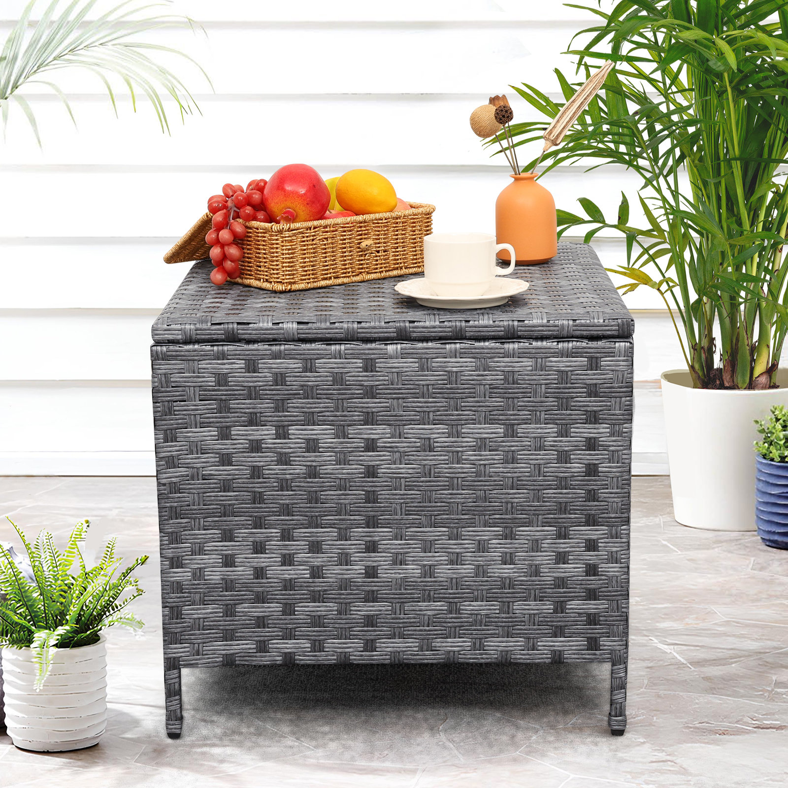 Ebern Designs Outdoor Wicker Side Table Patio Coffee Table with Storage ...
