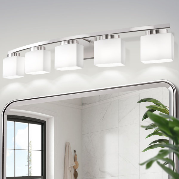 Ebern Designs 5-Light Nickel Modern Square Vanity Light For Bathroom ...