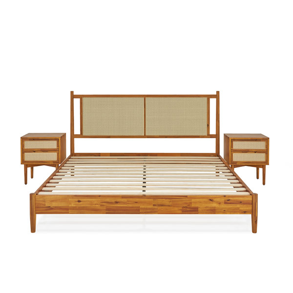 Latitude Run® Oliver Solid Wood Rattan Platform Bed with Headboard ...