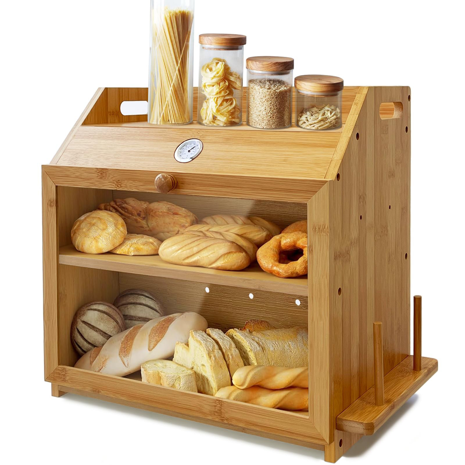 Loon Peak® Double Layer Bamboo Bread Box, Thermometer Bread Box With ...