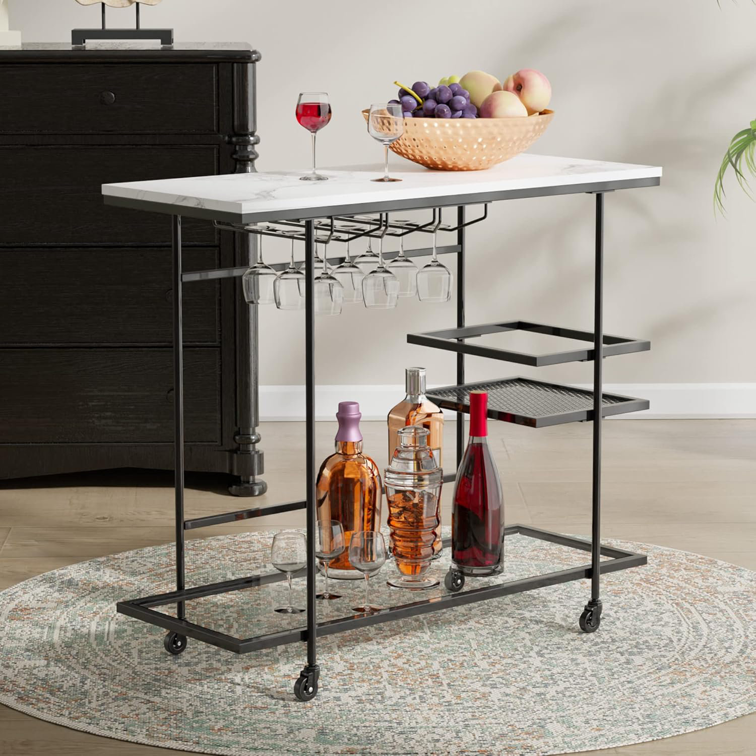 Ivy Bronx Bar Cart 2 Tier Wine Rolling Cart With Wheels 3 Rows Of Glass ...